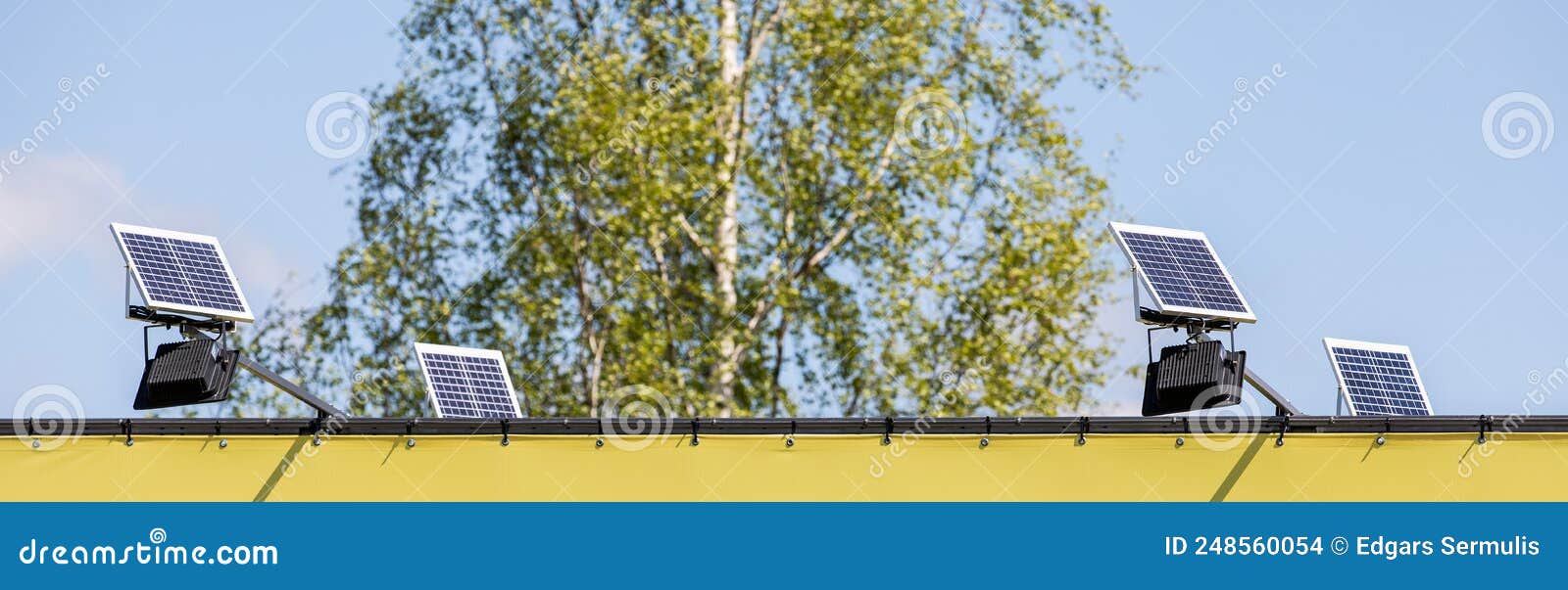 Led Lighting and Solar Panels. Yellow Advertising Banner Stock Photo ...