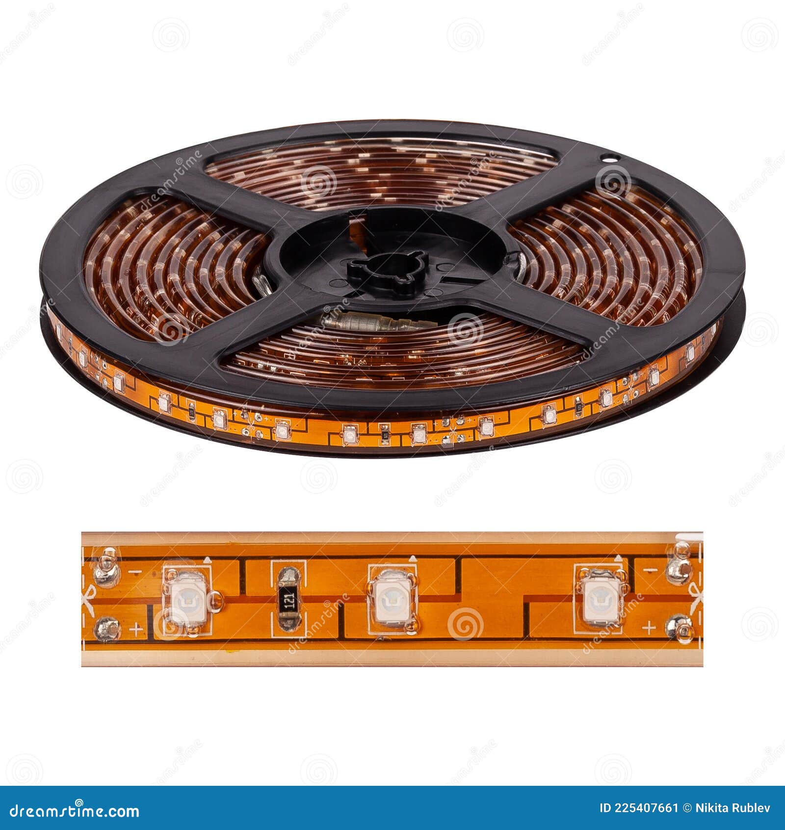 Led Stripe on Reel and Close-up Isolated on a White Background Stock ...