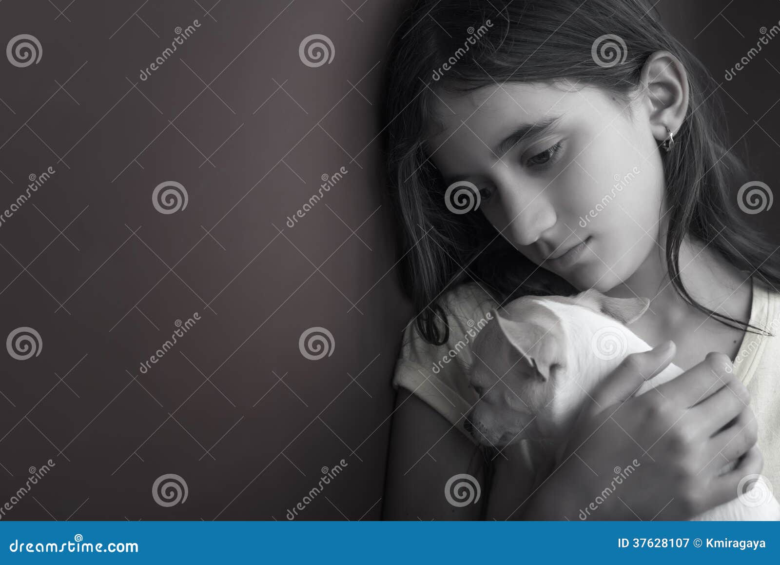 Ledsen Och Ensam Flicka Och Hennes Lilla Hund Fotografering för ...