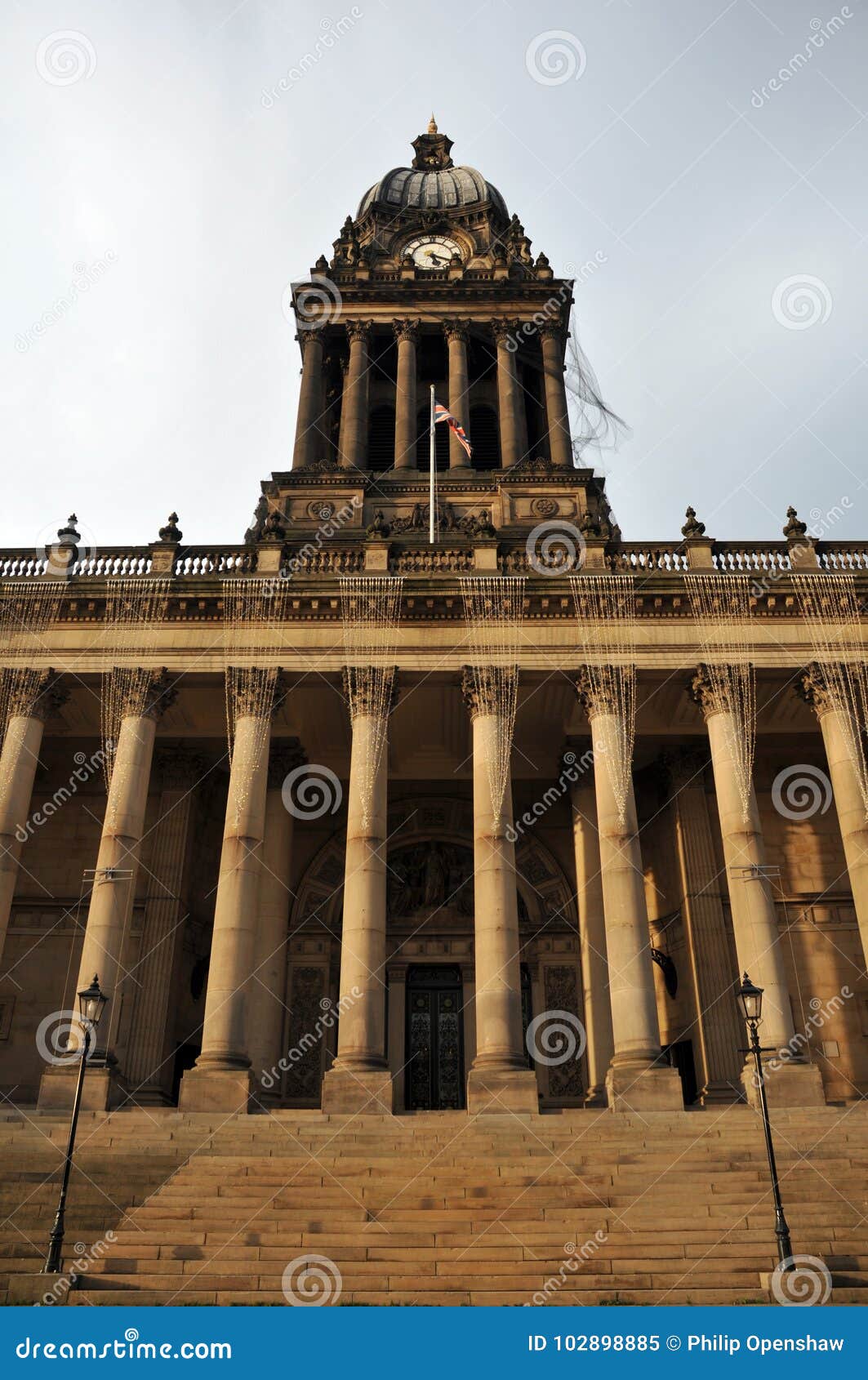 Leeds Town Hall Front View with Columns Steps and Clock Tower Stock ...