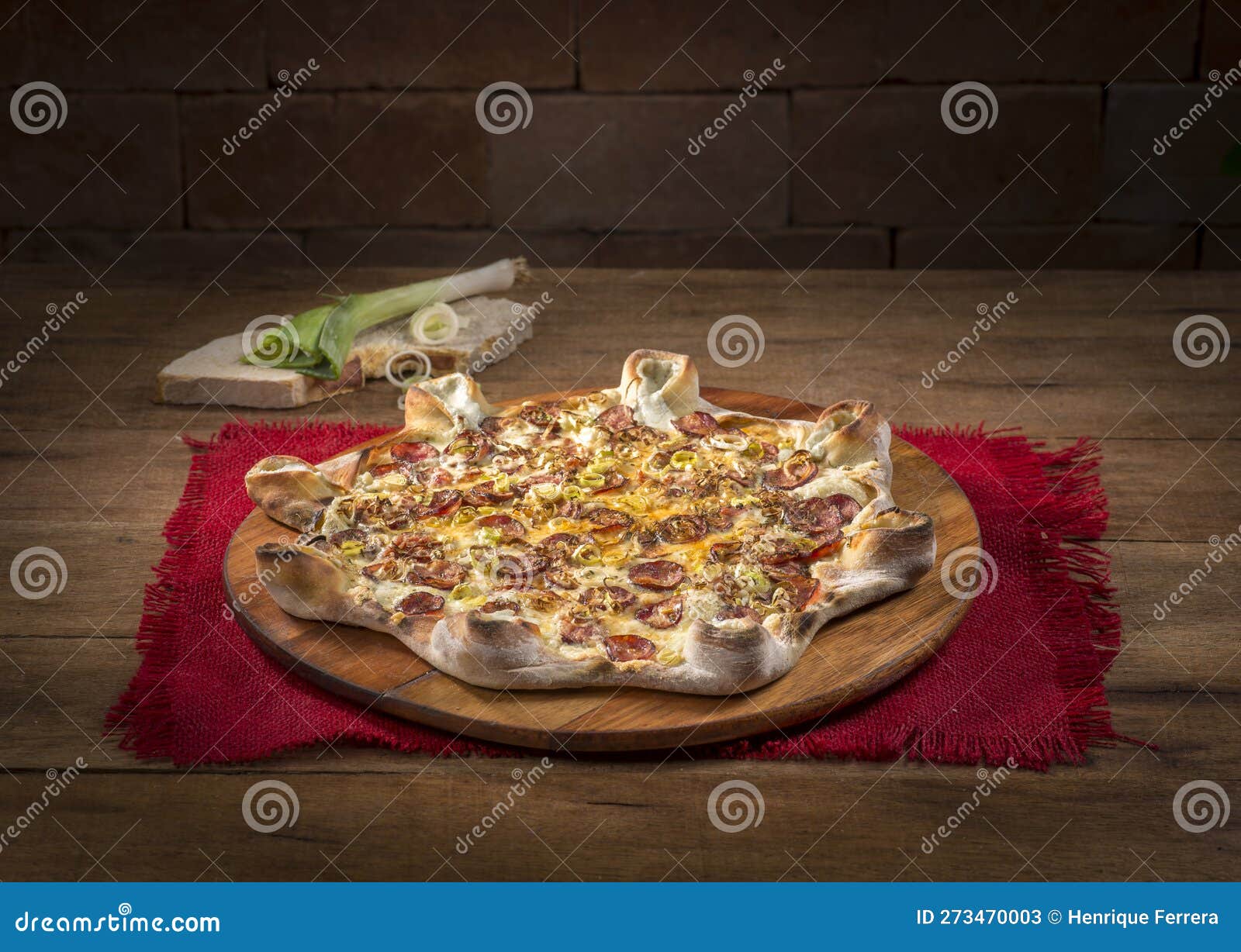 Leek and Calabresa Pepperoni Pizza on Rustic Wood Stock Image - Image ...