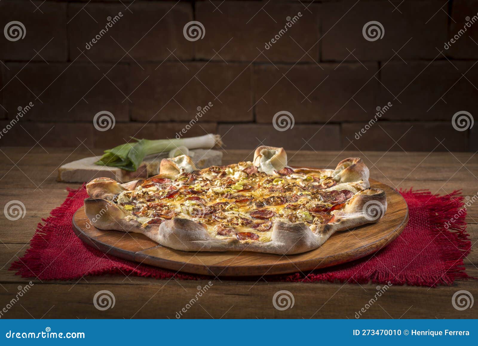 Leek And Calabresa Pepperoni Pizza On Rustic Wood Royalty-Free Stock ...