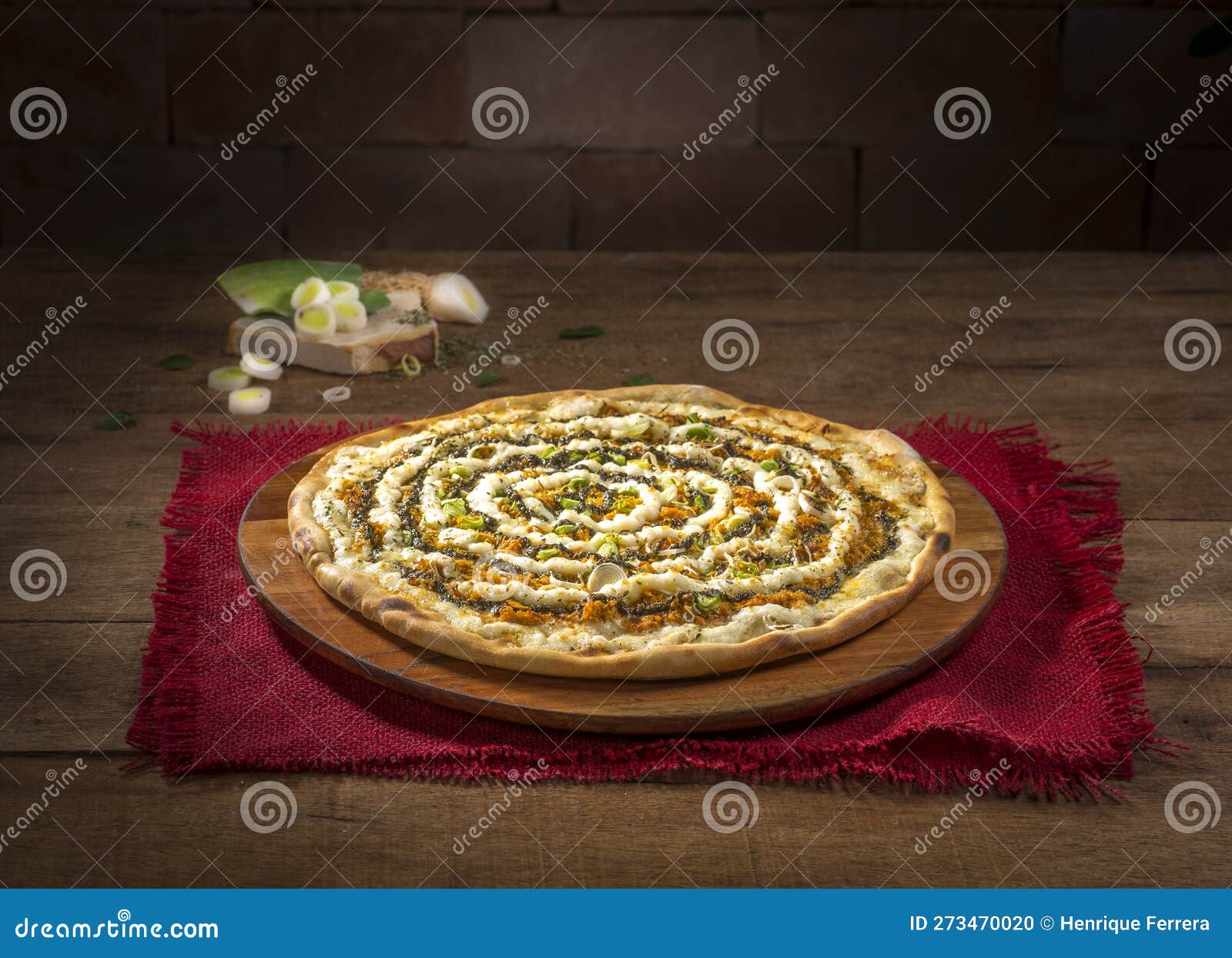 Leek and Mushroom and Cream Cheese Pizza on Rustic Wood Stock Photo ...