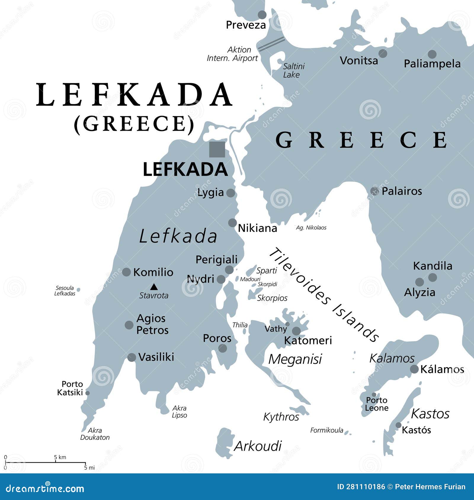Lefkada, Regional Unit, Part of Greek Ionian Islands, Gray Political ...