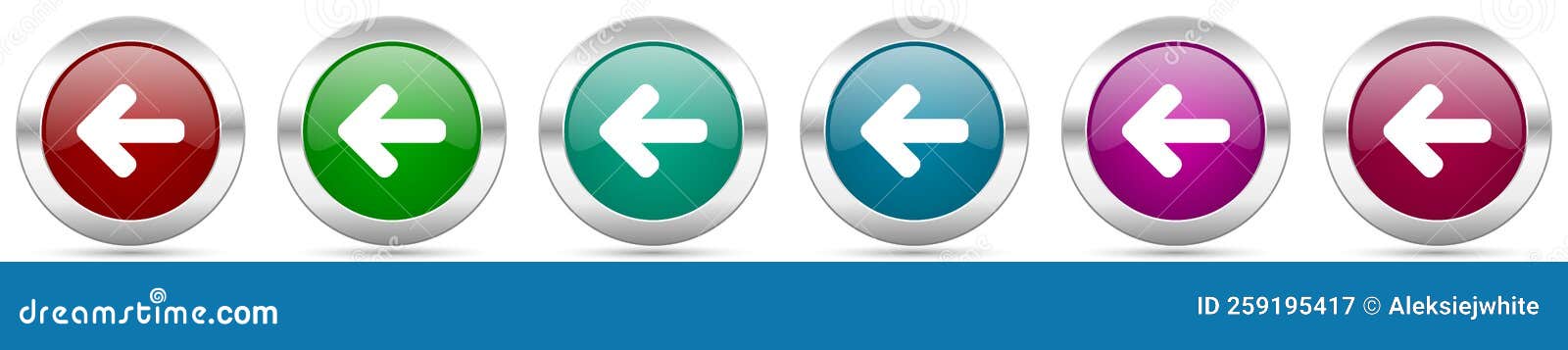 Left Arrow, Back Silver Metallic Vector Icon Set, Round Glossy Buttons with Chrome Border for ...