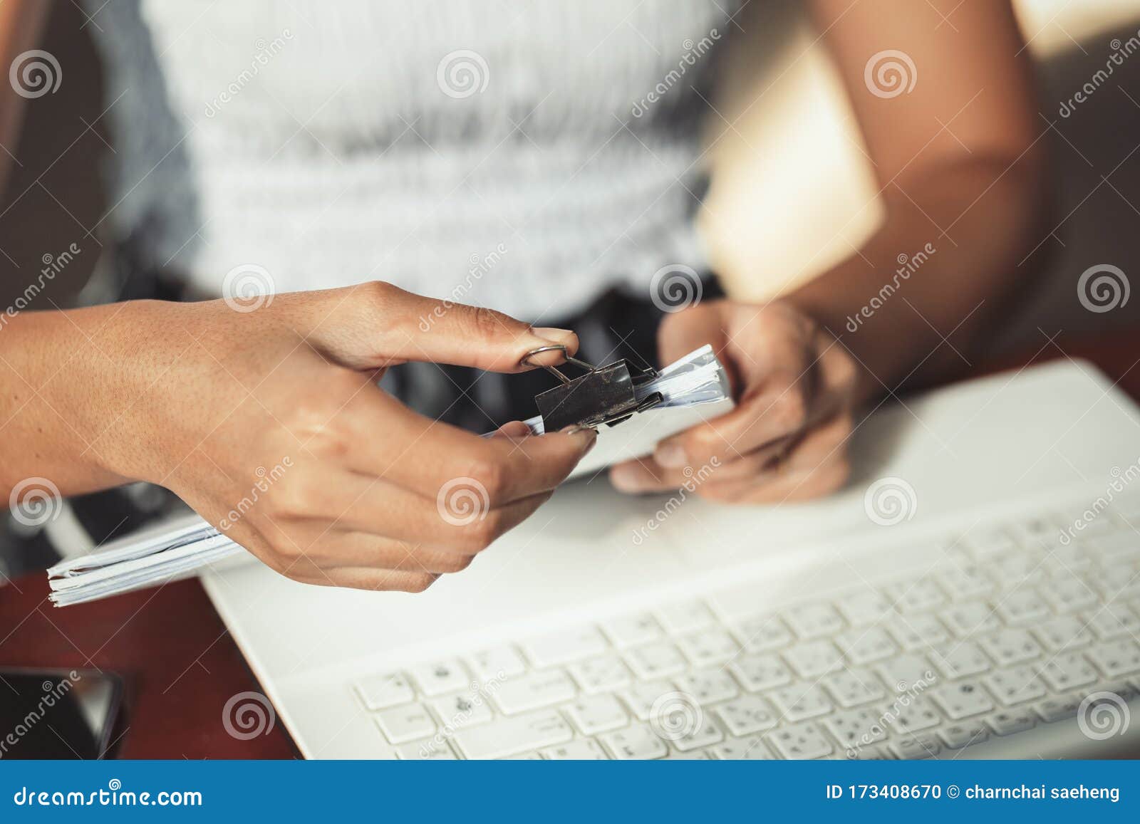Left Hand Hold Document and Right Hand Use Metal Binder Stock Photo ...