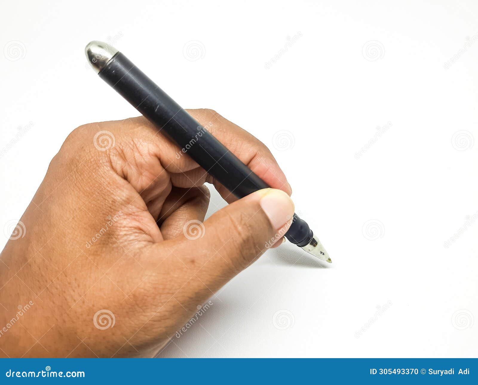 Left Hand of a Man Holding a Pen for Writing on an Isolated Background ...