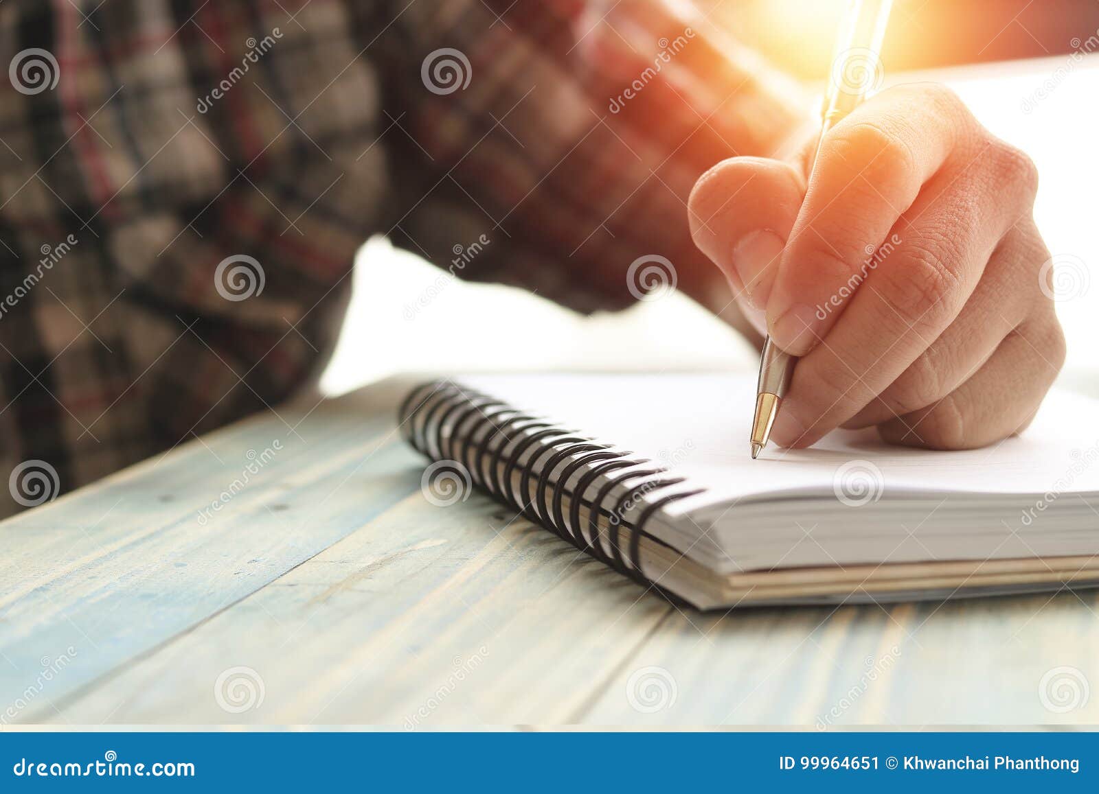 Left Hand of People, Student Writing and Note on Notebook on Wood Table ...