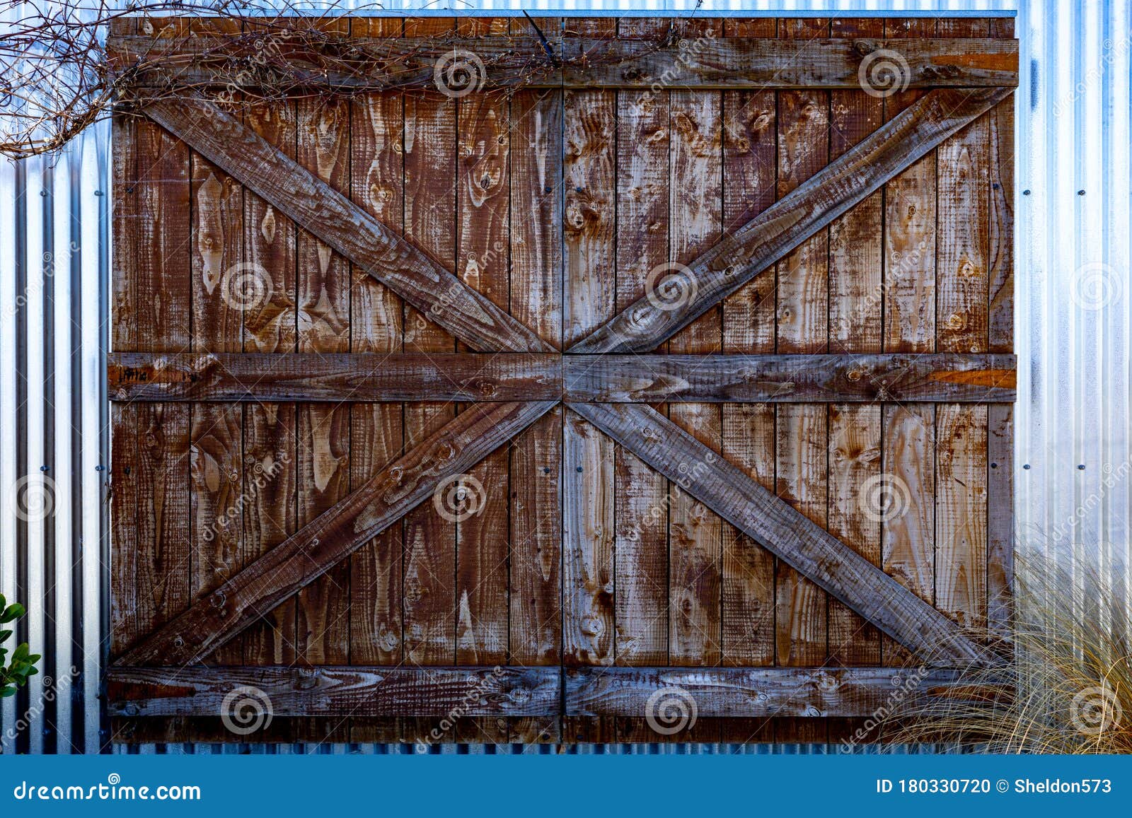 A Left Old Rustic Barn Door on a TIn Shed Stock Photo - Image of ...