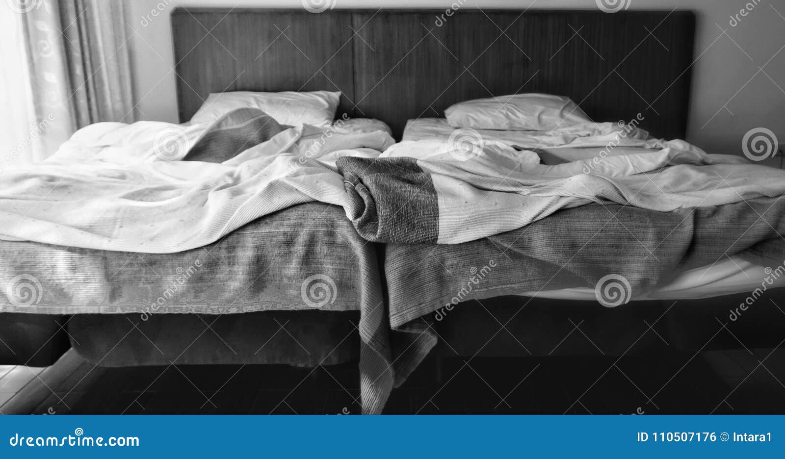 Two Adjacent Beds in Black and White with Different Light Strength ...