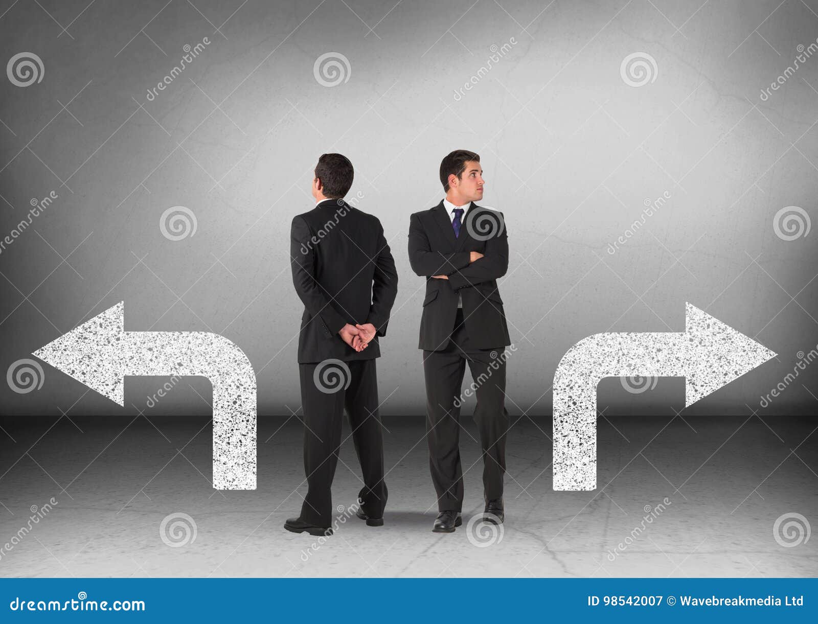 Left or Right Arrows with Businessman Looking in Opposite Directions ...