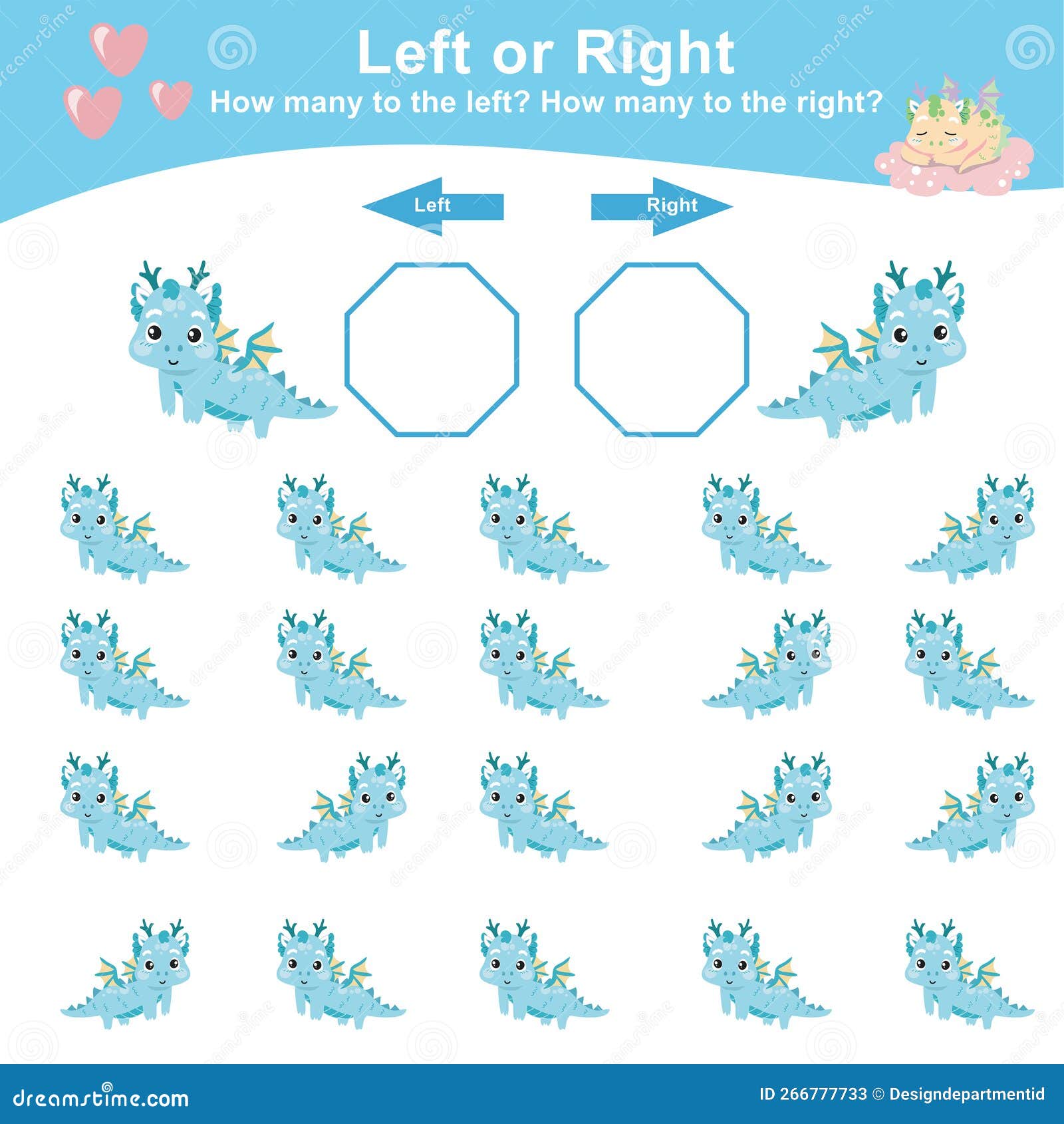 Left or Right with Cute Baby Dragon. Counting Worksheet for Kids Stock ...