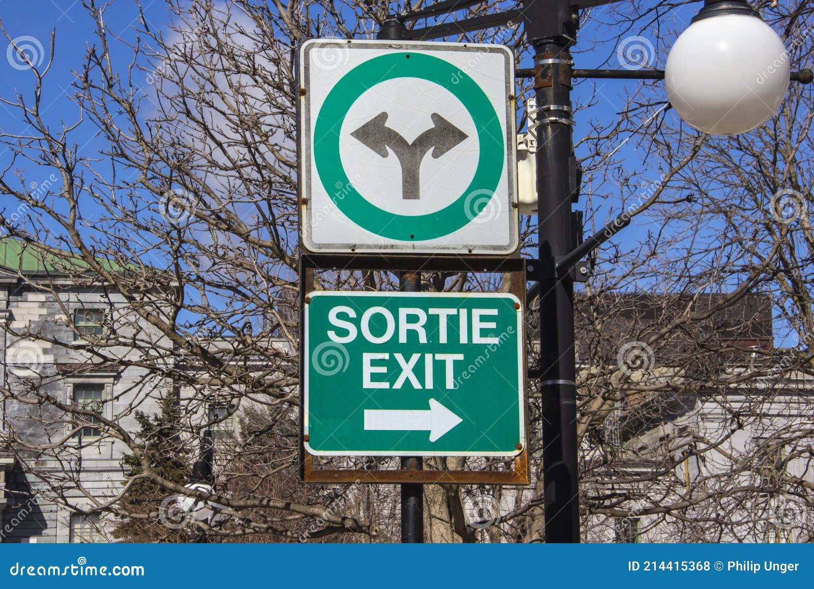 Left or Right Turn, Bilingual Exit Traffic Signs Stock Photo - Image of ...