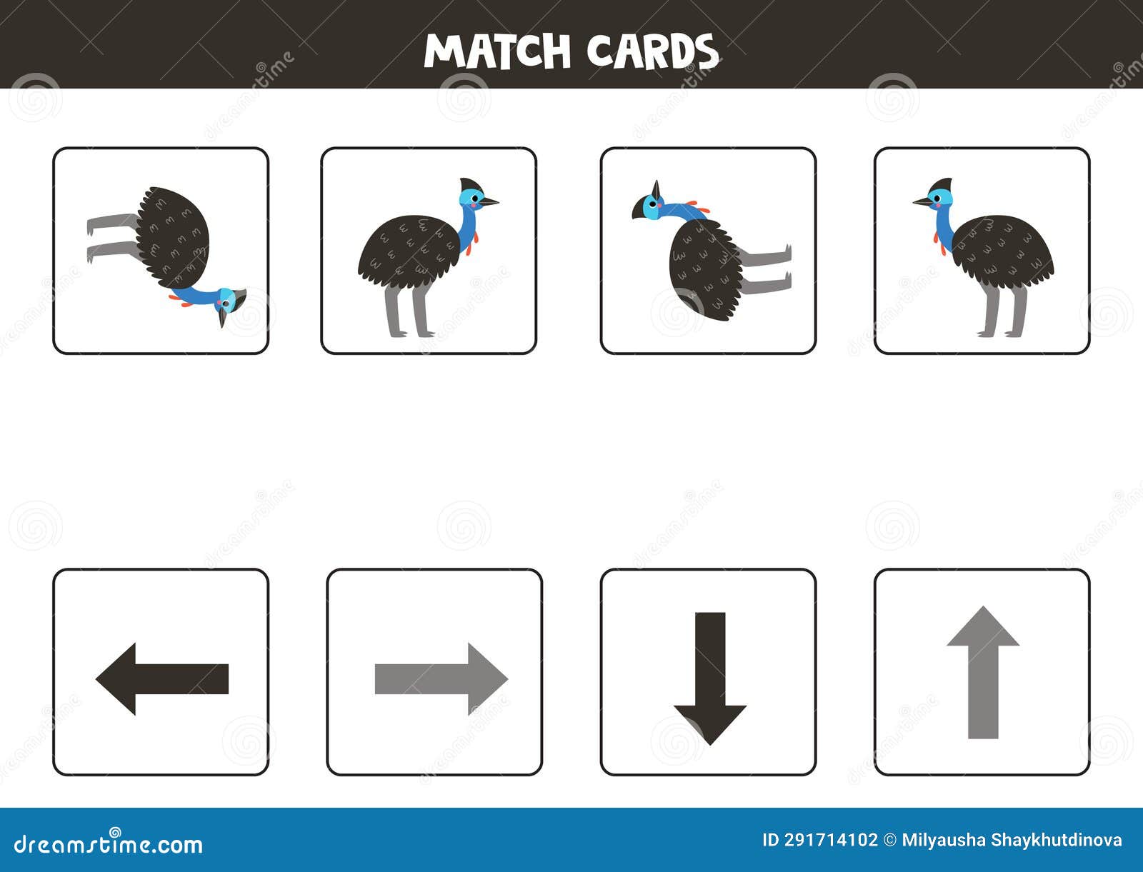 Left, Right, Up or Down. Spatial Orientation with Cute Cassowary. Stock ...
