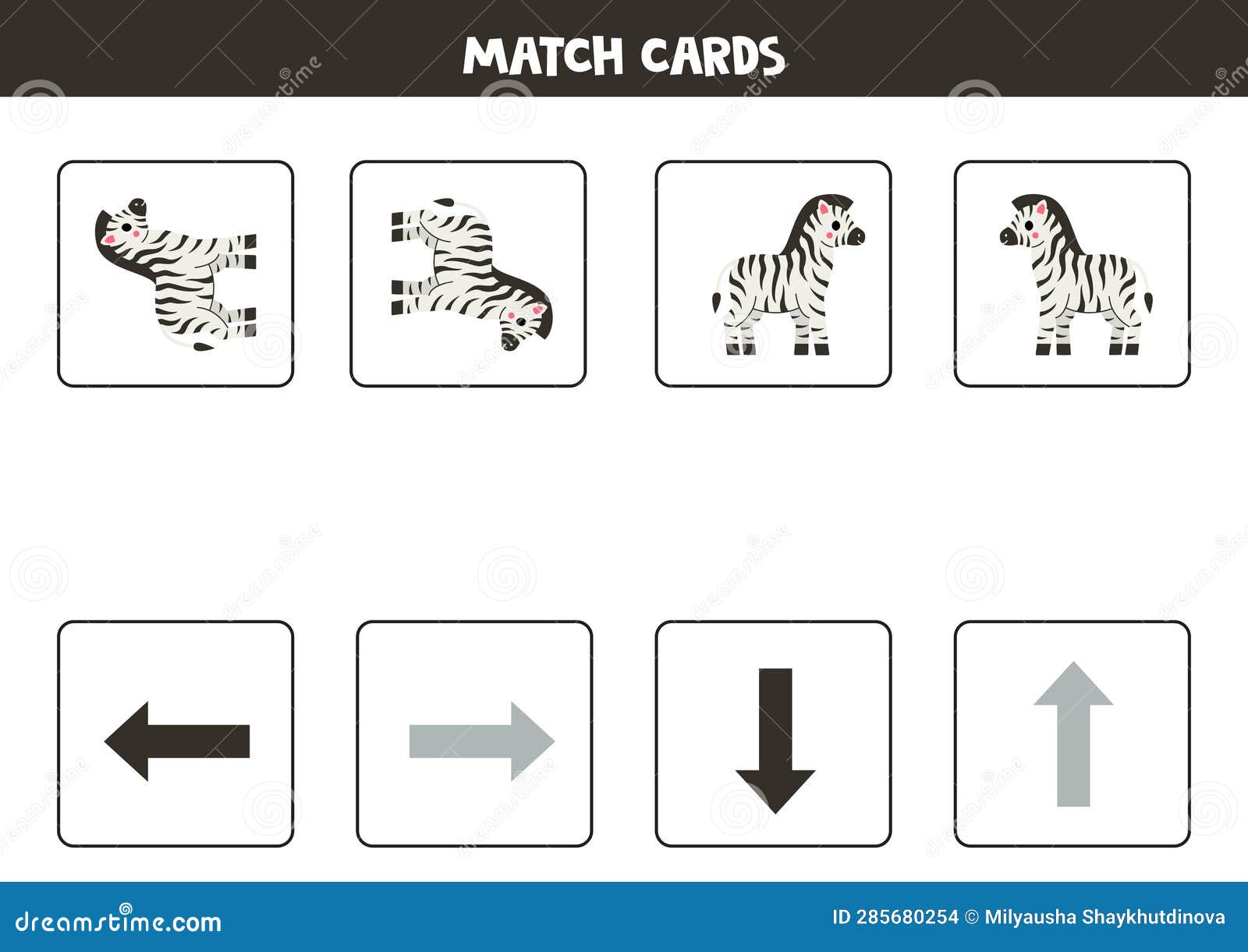 Left, Right, Up or Down. Spatial Orientation with Cute Zebras Stock ...