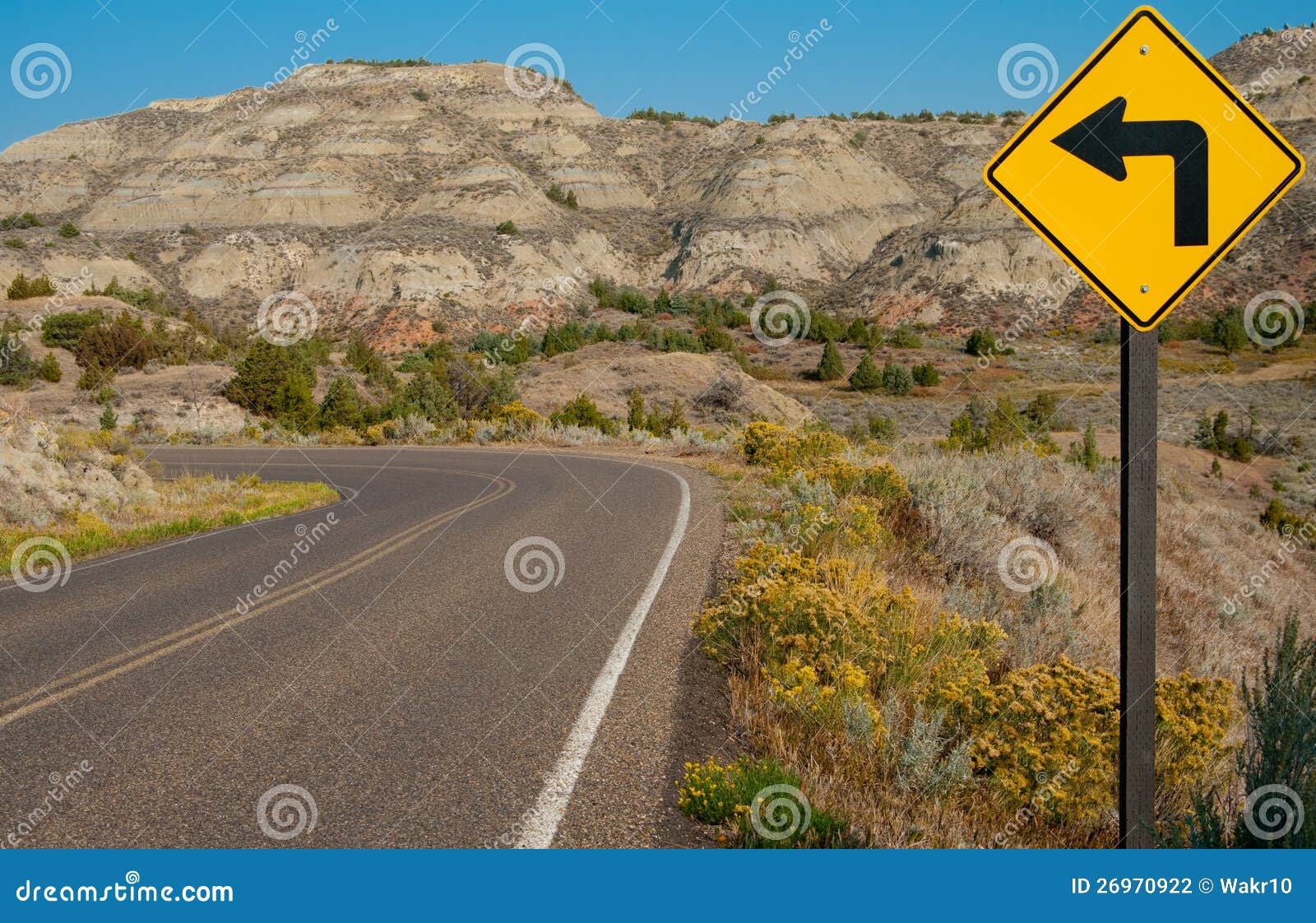 Left Turn Ahead Route Road Sign Perspective, Yellow Isolated Roadside ...