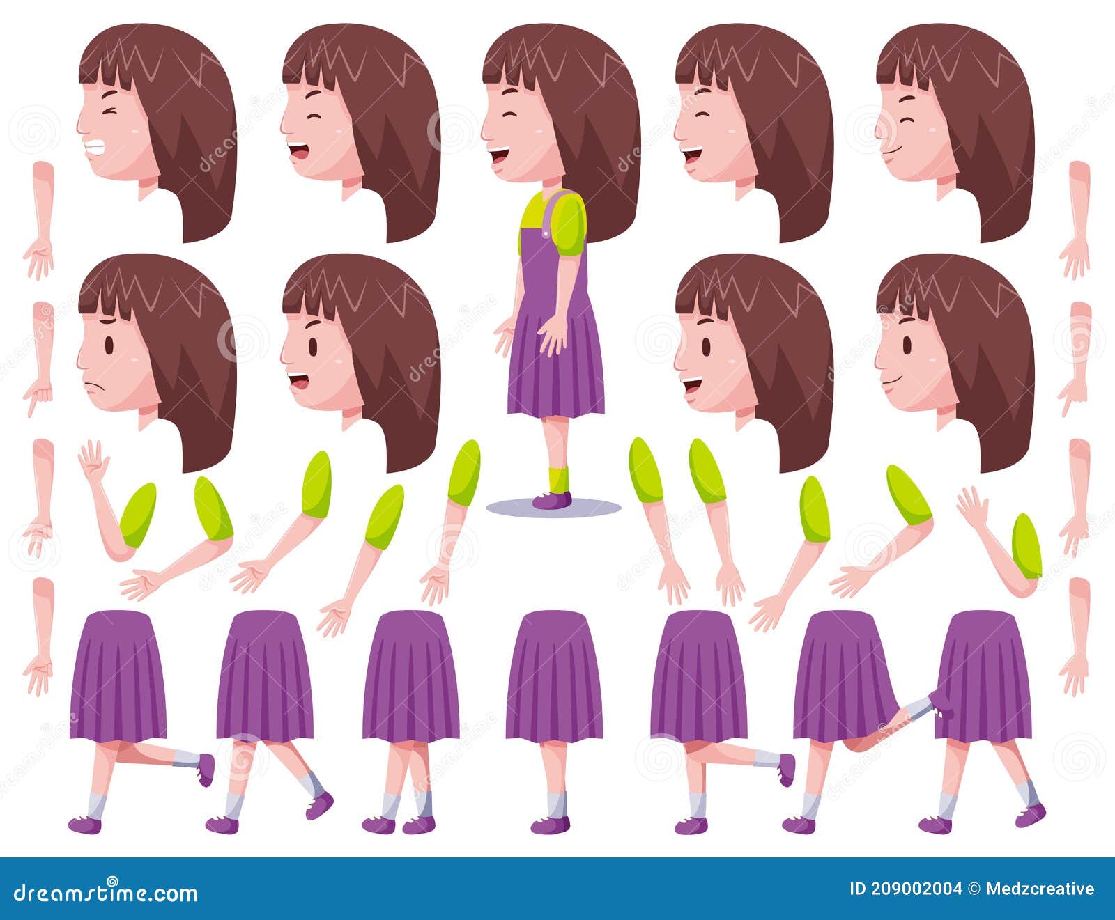 Left View Cute Girl Character Creation Set 02 Stock Vector ...