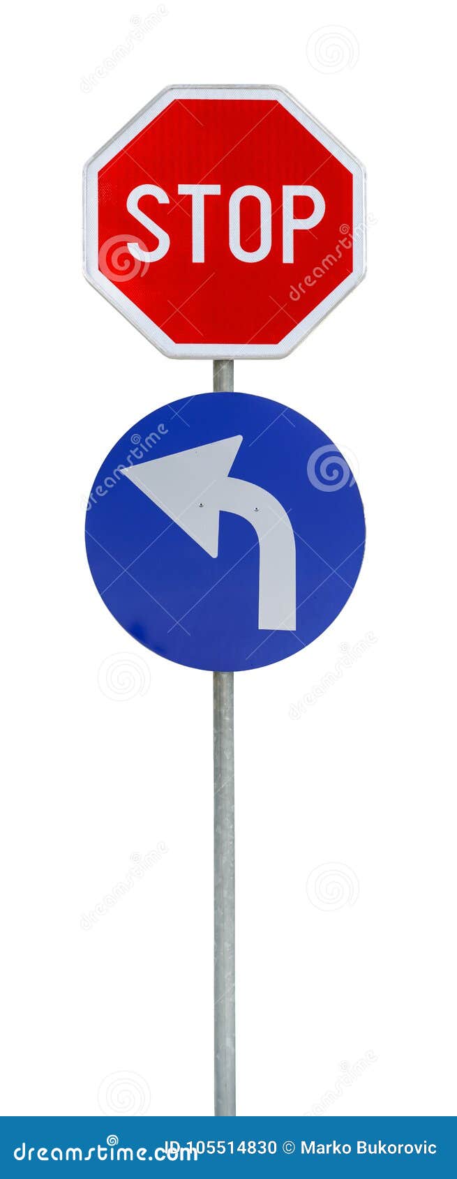 Left White and Blue Arrow Red Stop Sign Isolated Stock Photo - Image of ...