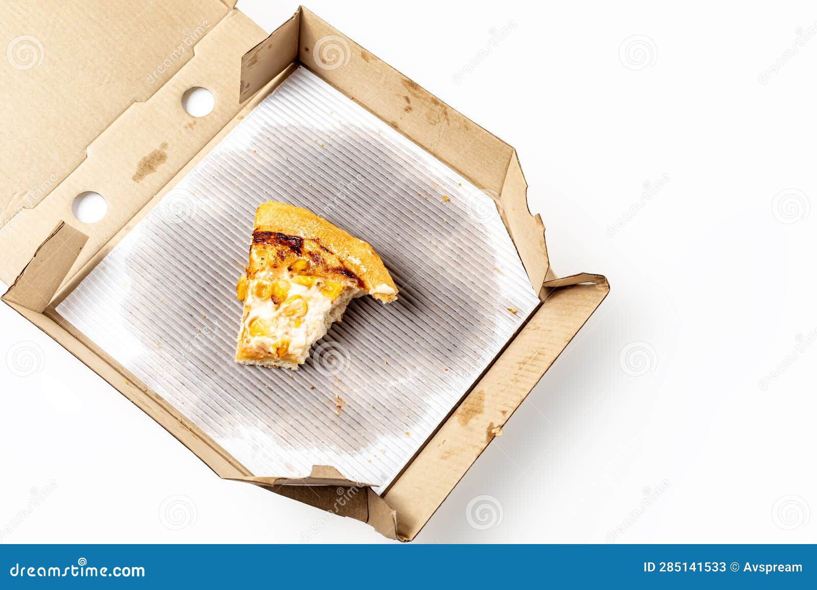 Leftover Corn Pizza in an Open Cardboard Pizza Box. Top View Stock ...