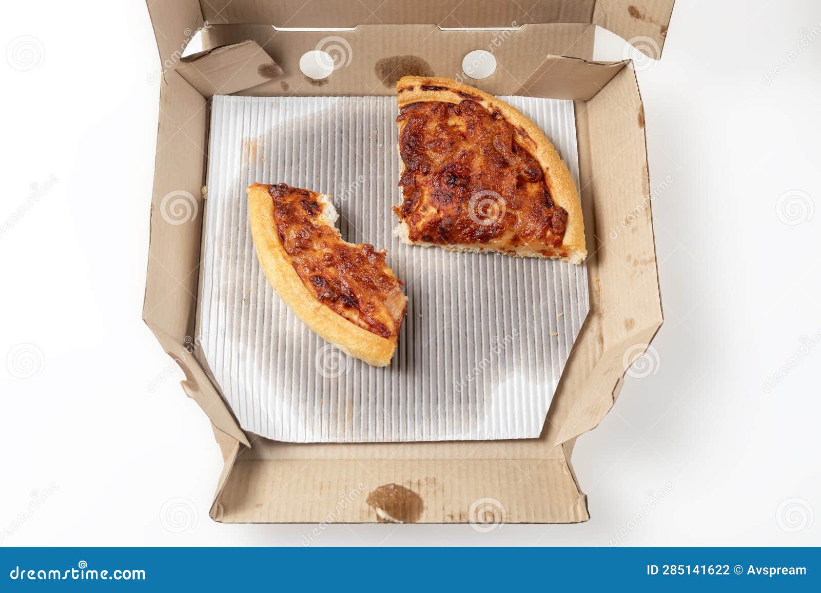 Leftover Margherita Pizza in an Open Cardboard Pizza Box. Top View ...