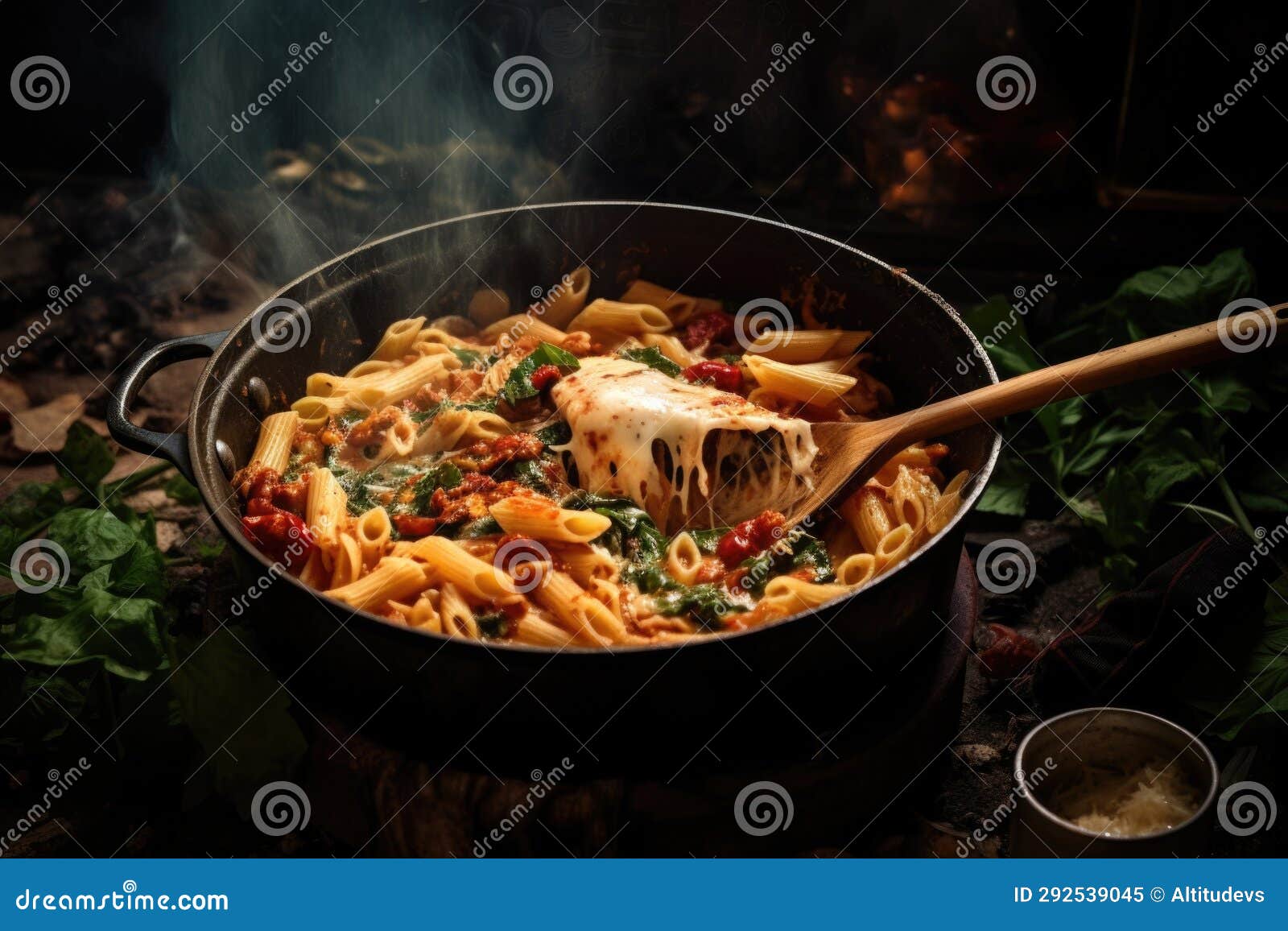 Leftover Pasta in an Open Pan with a Serving Spoon Stock Image - Image ...
