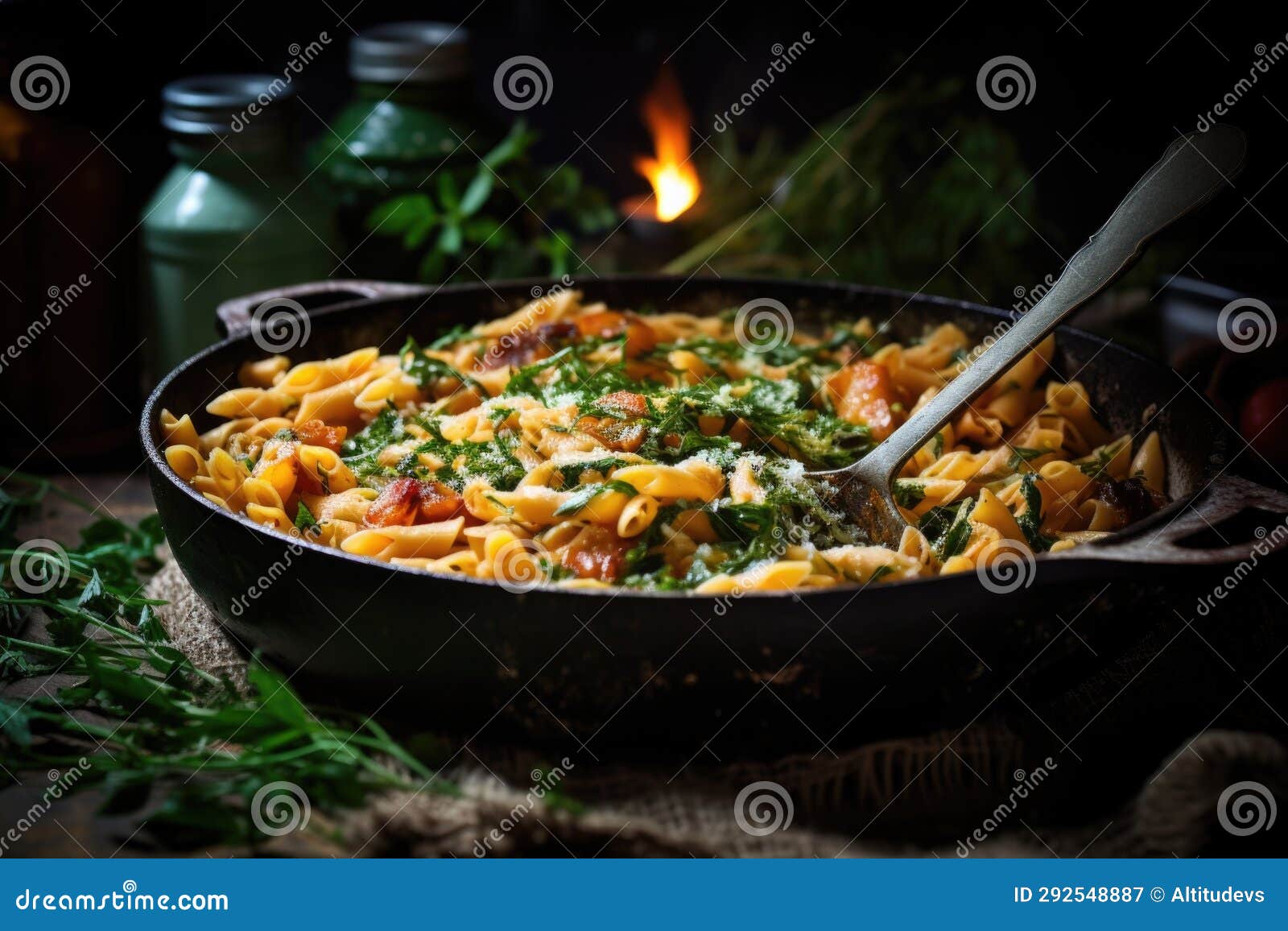 Leftover Pasta in an Open Pan with a Serving Spoon Stock Image - Image ...
