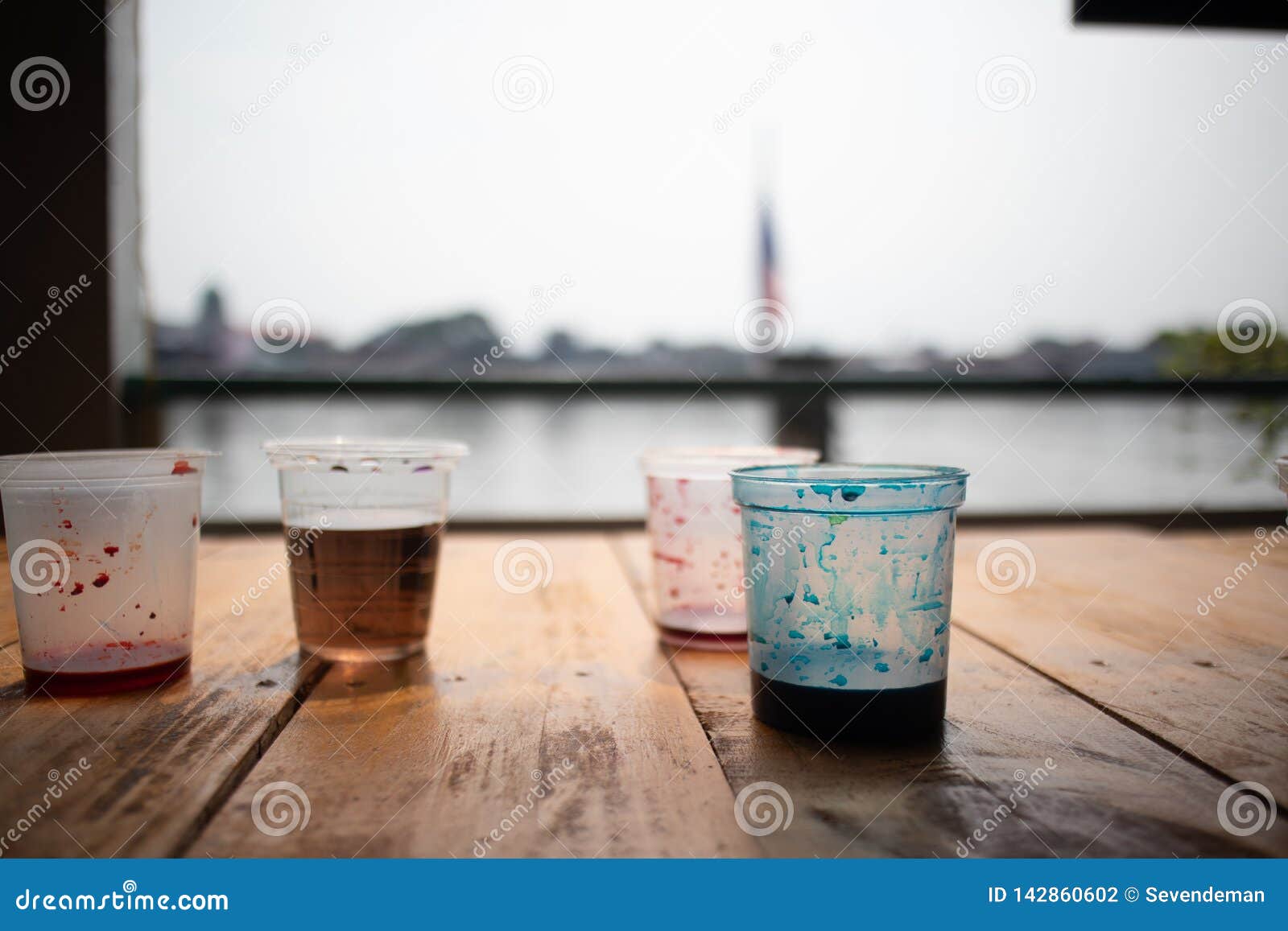Leftover Water Color in Plastic Cup, Kids Painting Activity Stock Photo ...