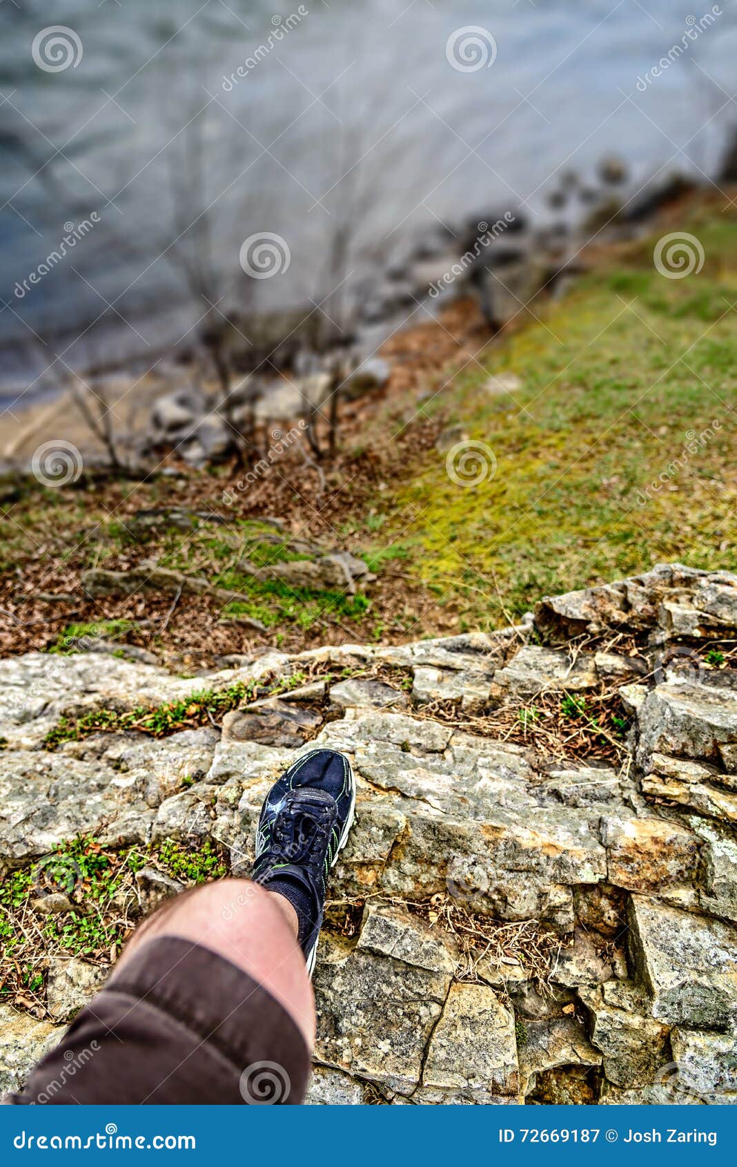 Leg and Foot View Down Cliff Stock Image - Image of peaceful, hiking ...