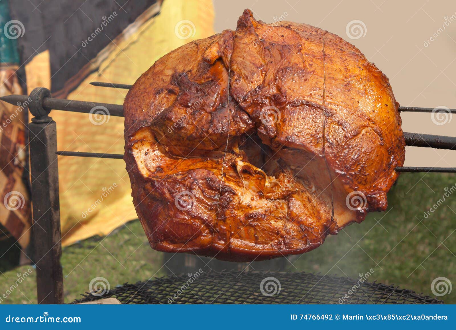 Leg of Ham on a Spit. Preparing a House Party. Stock Photo - Image of ...