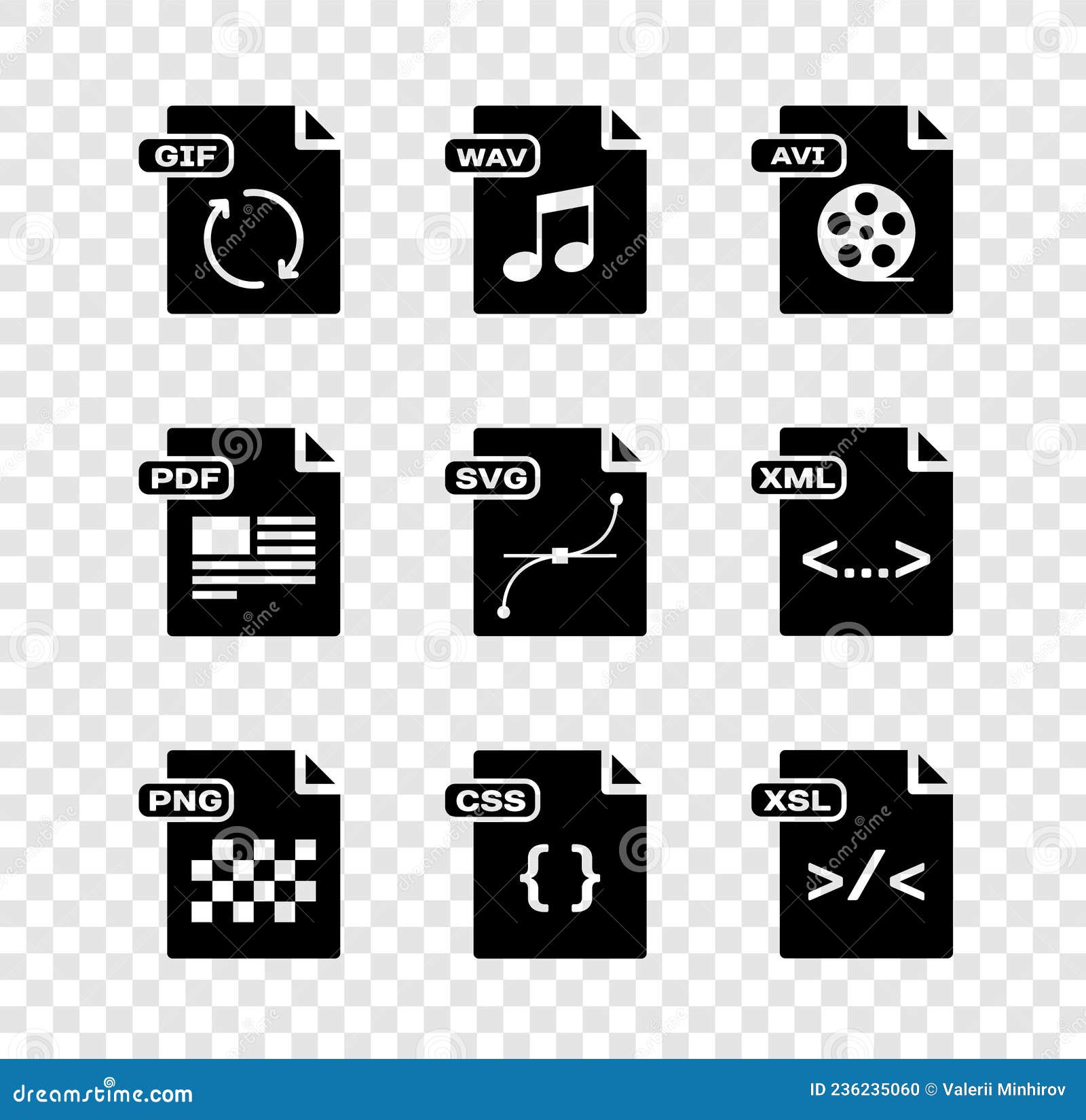 Legen Gif-Datei-Dokument Wav Avi Png Css Xsl Pdf Und Svg Symbol. Vektor ... Legen Gif-Datei-Dokument Wav Avi Png Css Xsl Pdf Und Svg Symbol. Vektor ...