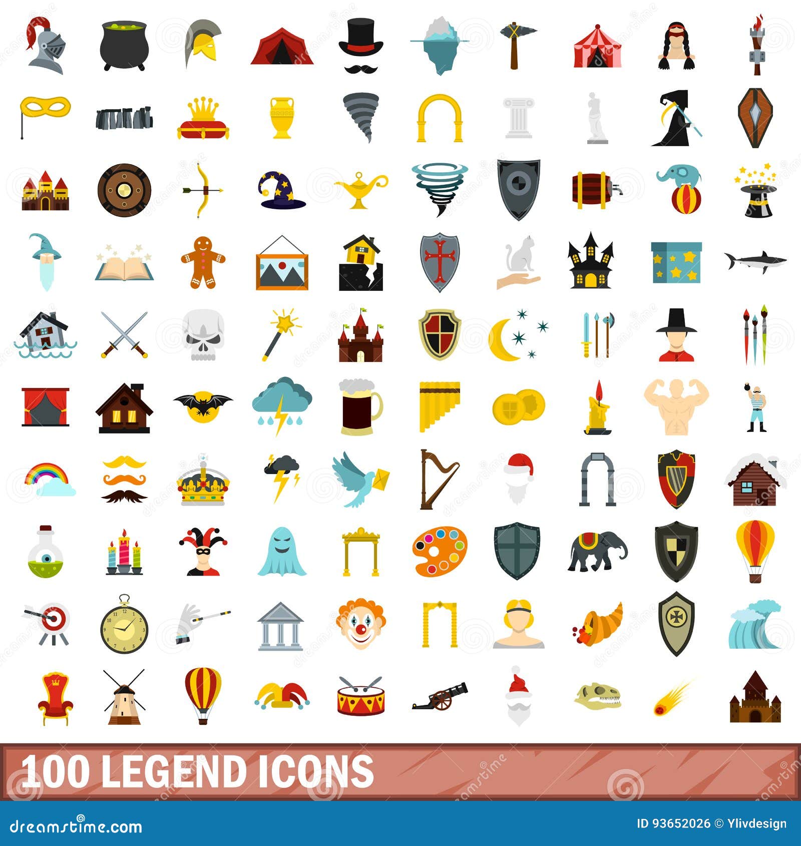 100 Legend Icons Set, Flat Style Stock Vector - Illustration of shark ...