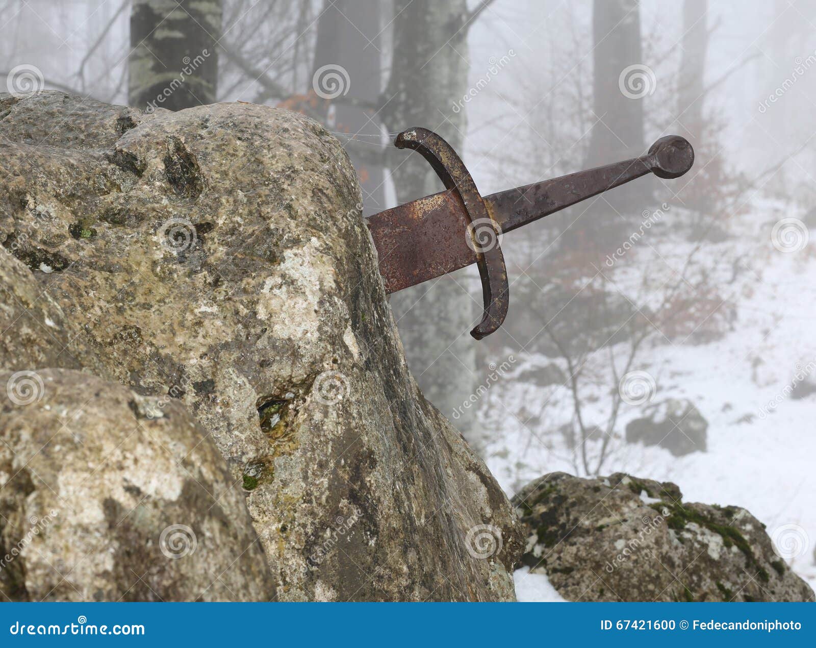 Legendary Excalibur Sword into the Stone in the Middle of the Forest ...