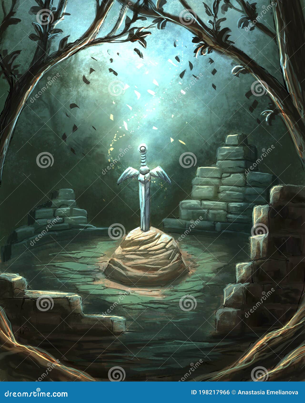Legendary Sword in the Ruins Stock Illustration - Illustration of ...