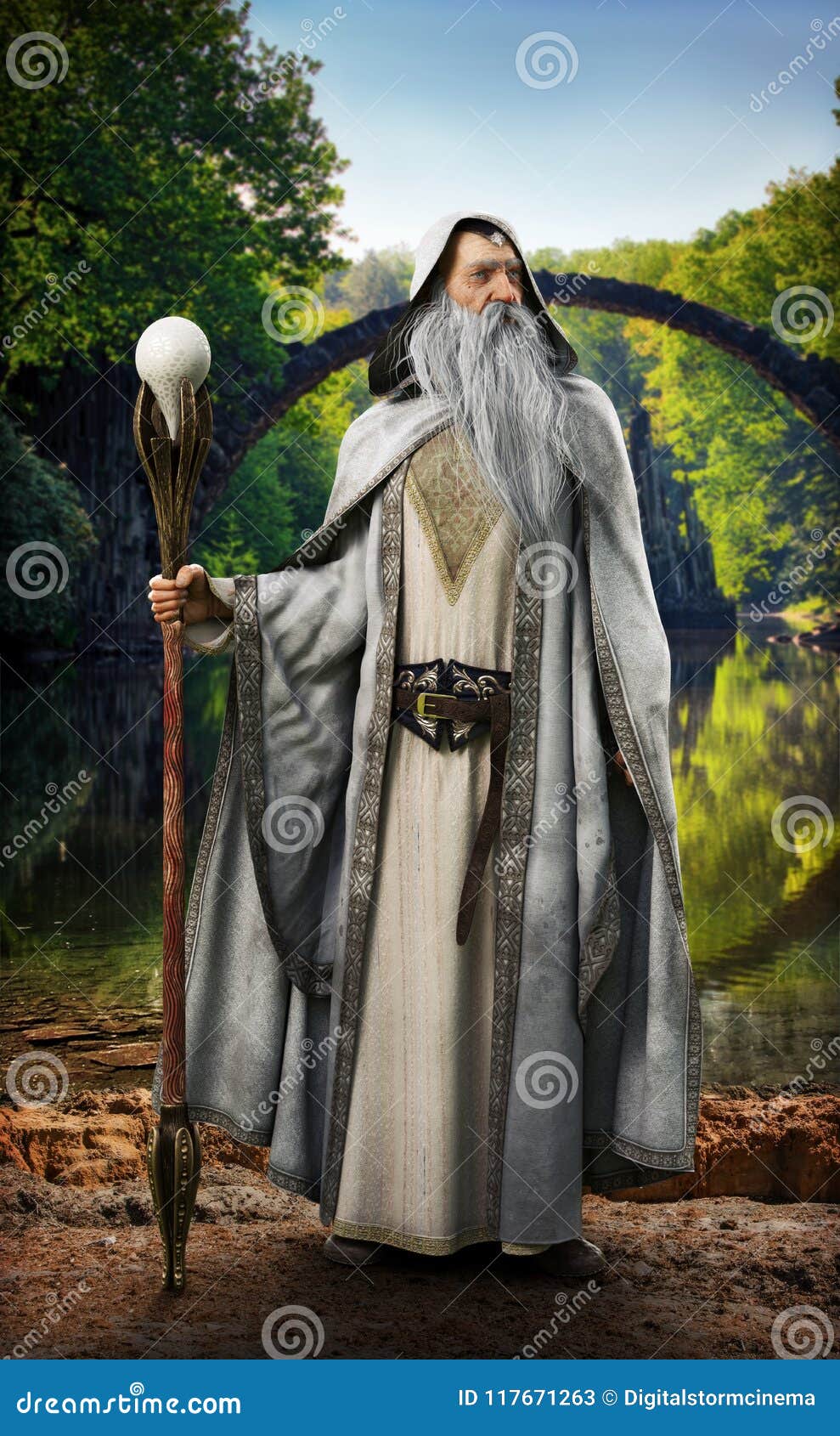 A Legendary White Wizard Posing in Front of Mythical Enchanted Setting ...