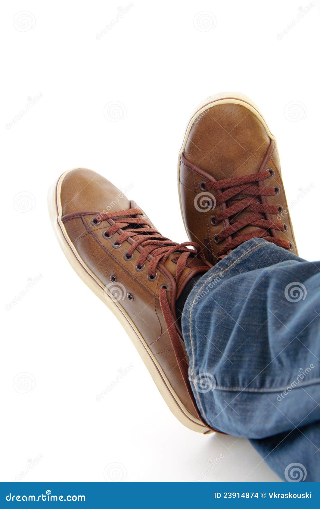 Legs in Brown Shoes Sneakers Lying Down Isolated Stock Photo - Image of ...