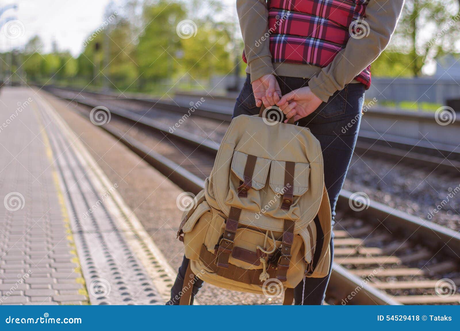 Legs of Girl Waiting Train with Backback Stock Photo - Image of spring ...