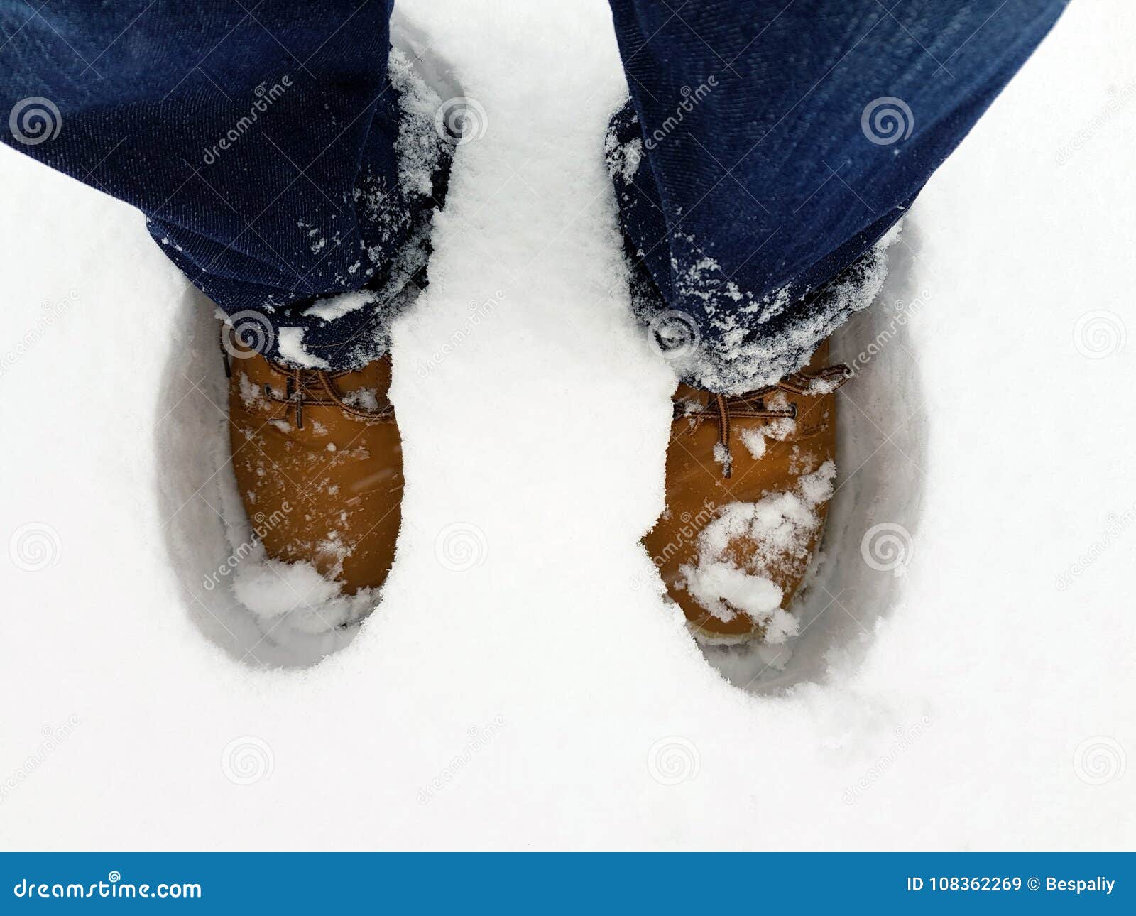 The Feet in the Snow, Close Up. Stock Image - Image of jeans, shoes ...