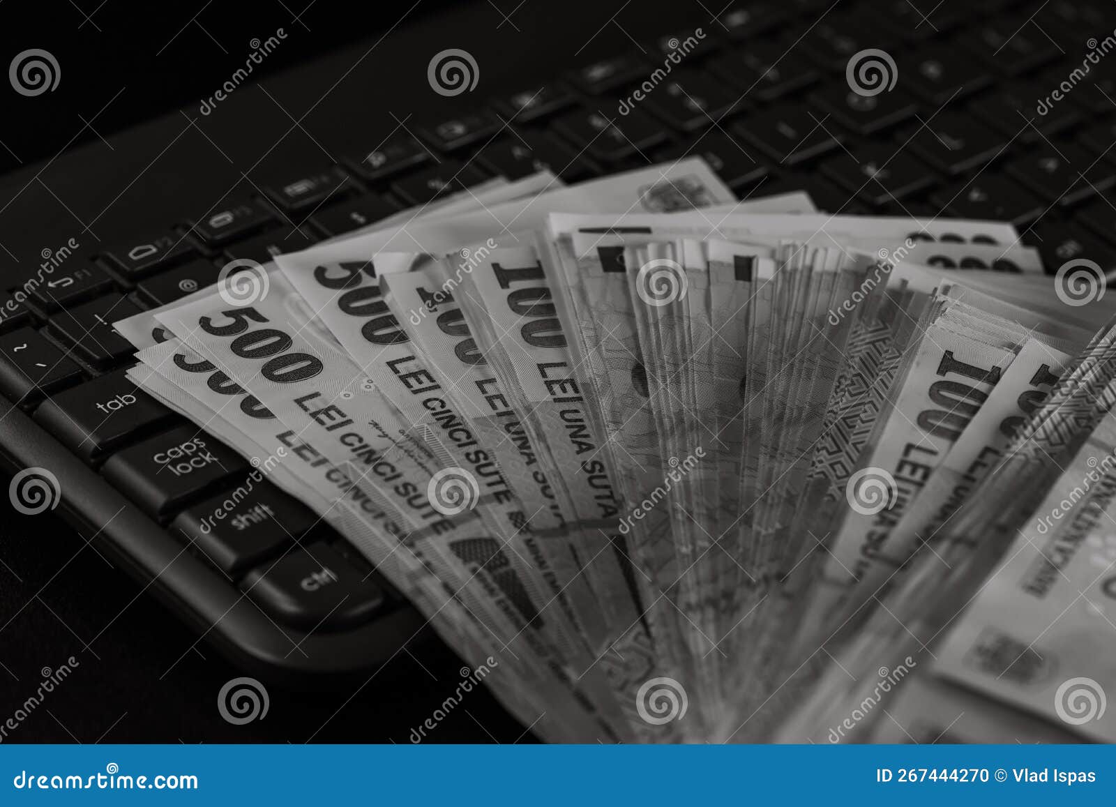Lei Banknotes on Keyboard. Selective Focus on Stack of LEI Romanian ...