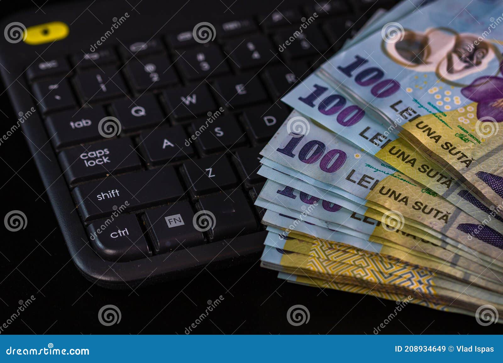 Lei Banknotes on Keyboard. Selective Focus on Stack of LEI Romanian ...