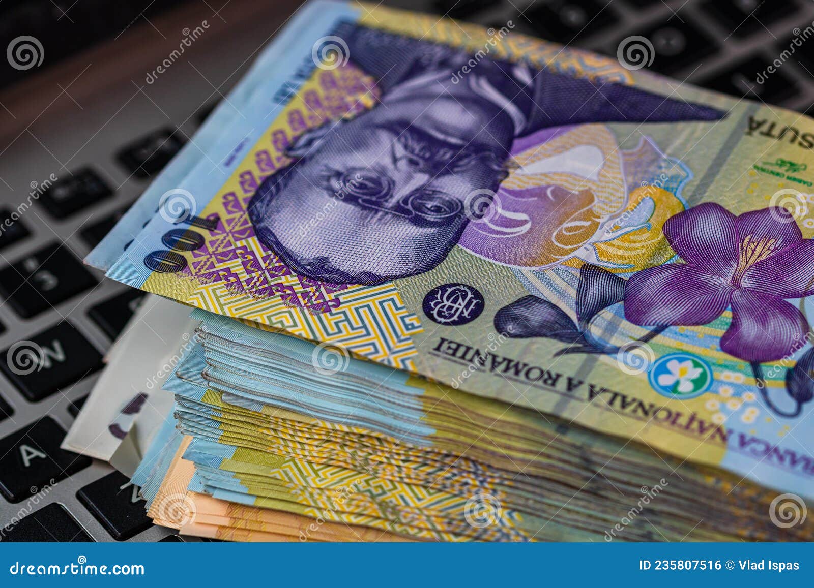 Lei Banknotes on Keyboard. Selective Focus on Stack of LEI Romanian ...