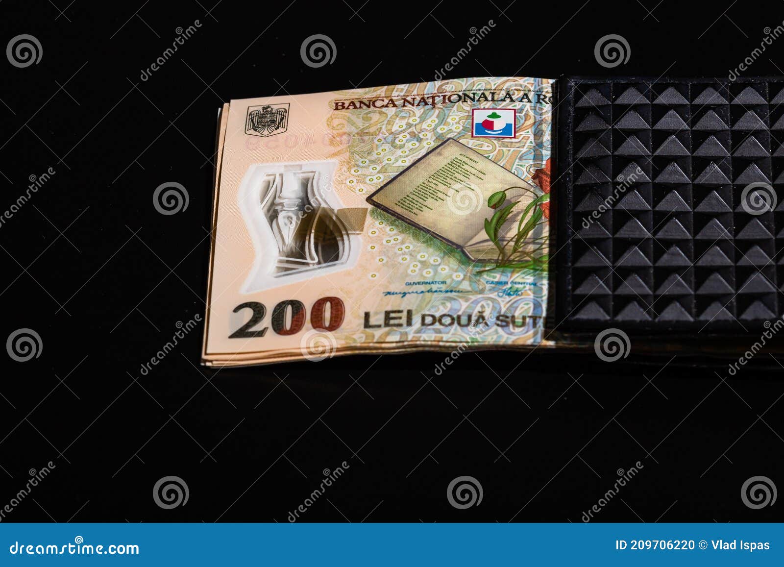 LEI Romanian Money Banknotes in Black Wallet Isolated Stock Photo ...