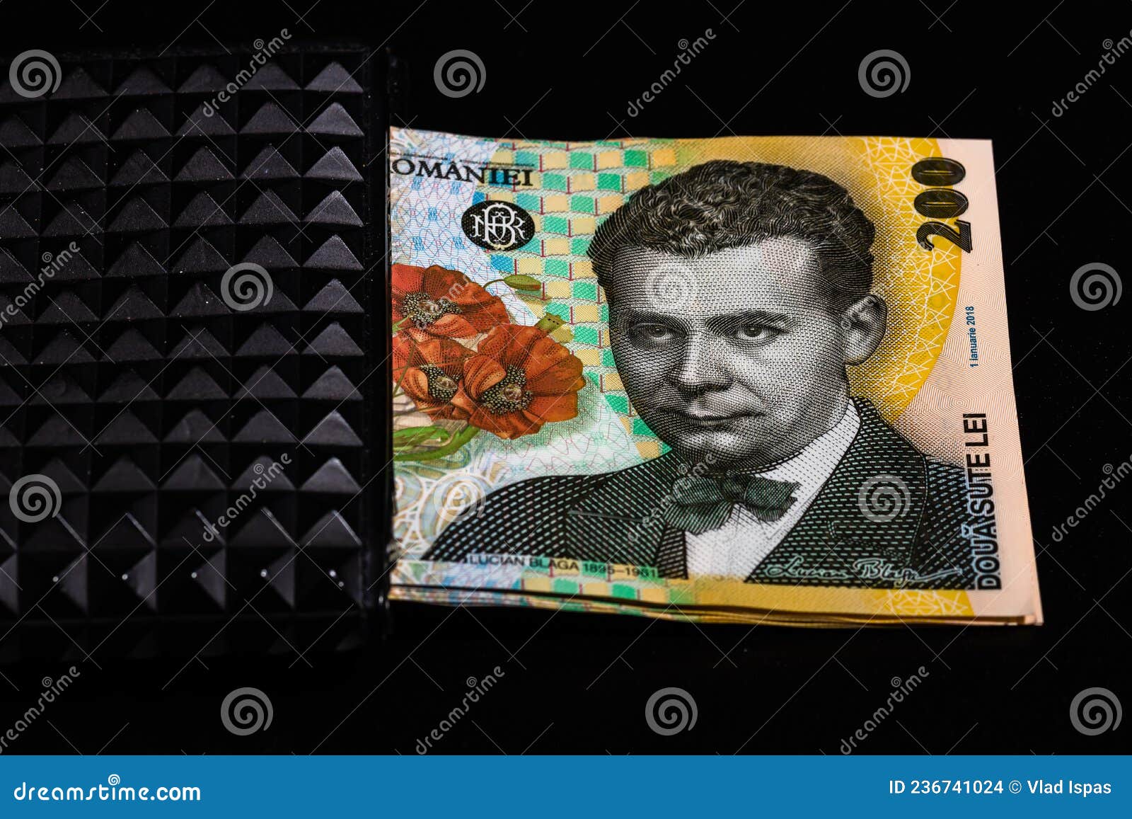 LEI Romanian Money Banknotes in Black Wallet Isolated Stock Photo ...