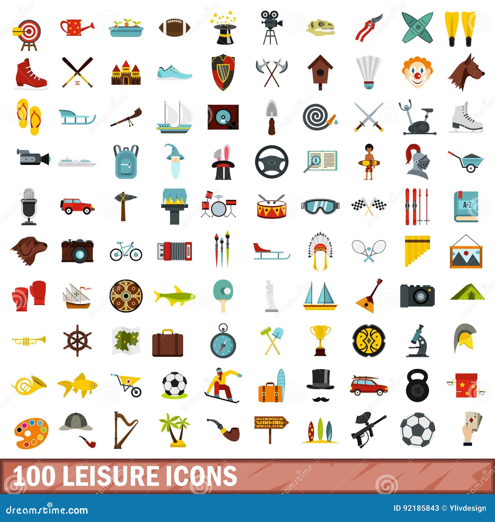 100 Leisure Icons Set, Flat Style Stock Vector - Illustration of artist ...