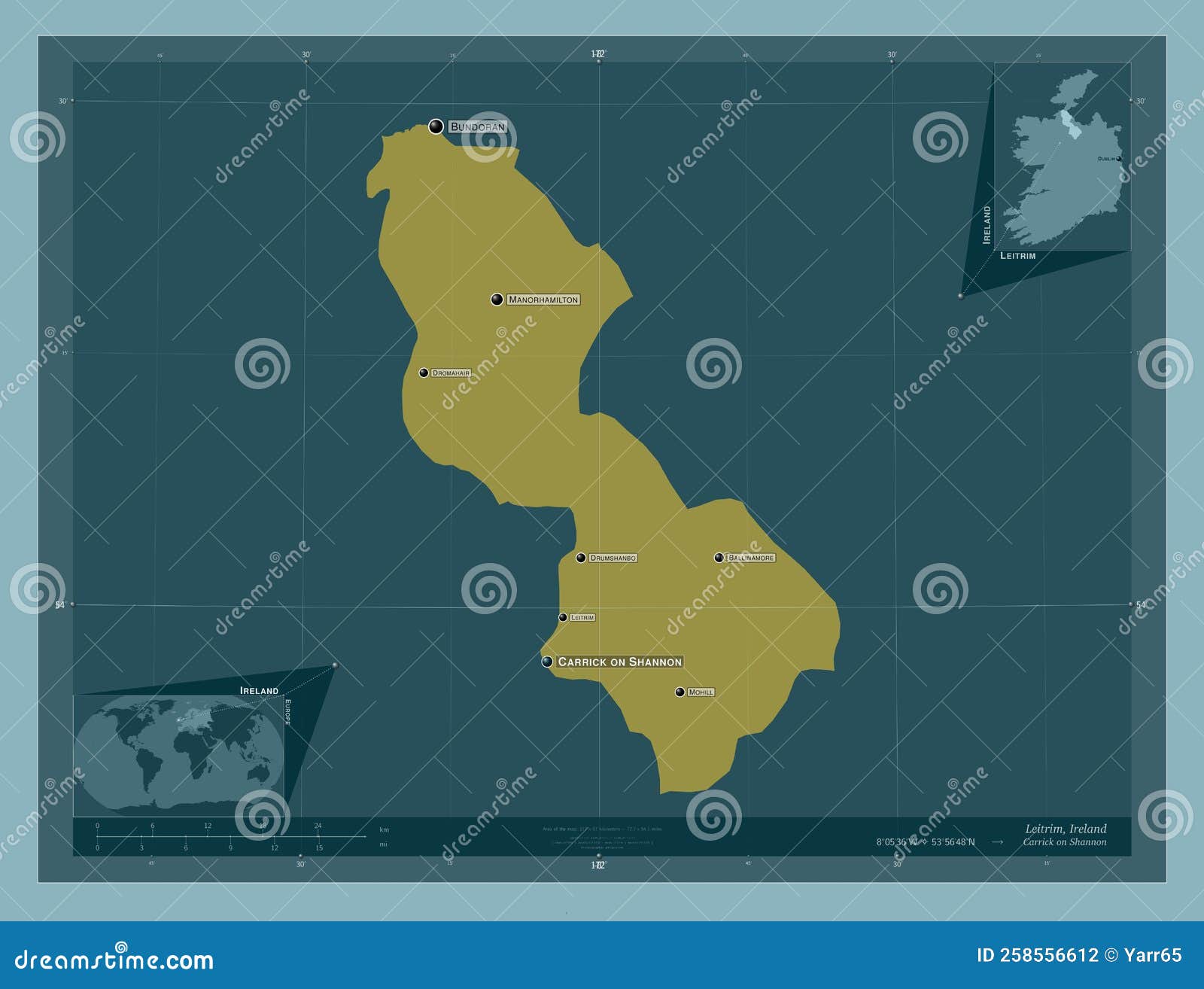 Leitrim, Ireland. Solid. Labelled Points of Cities Stock Illustration ...