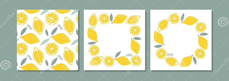 Lemon Background Collection. Seamless Pattern, Round and Square Frames with Copy Space on White ...