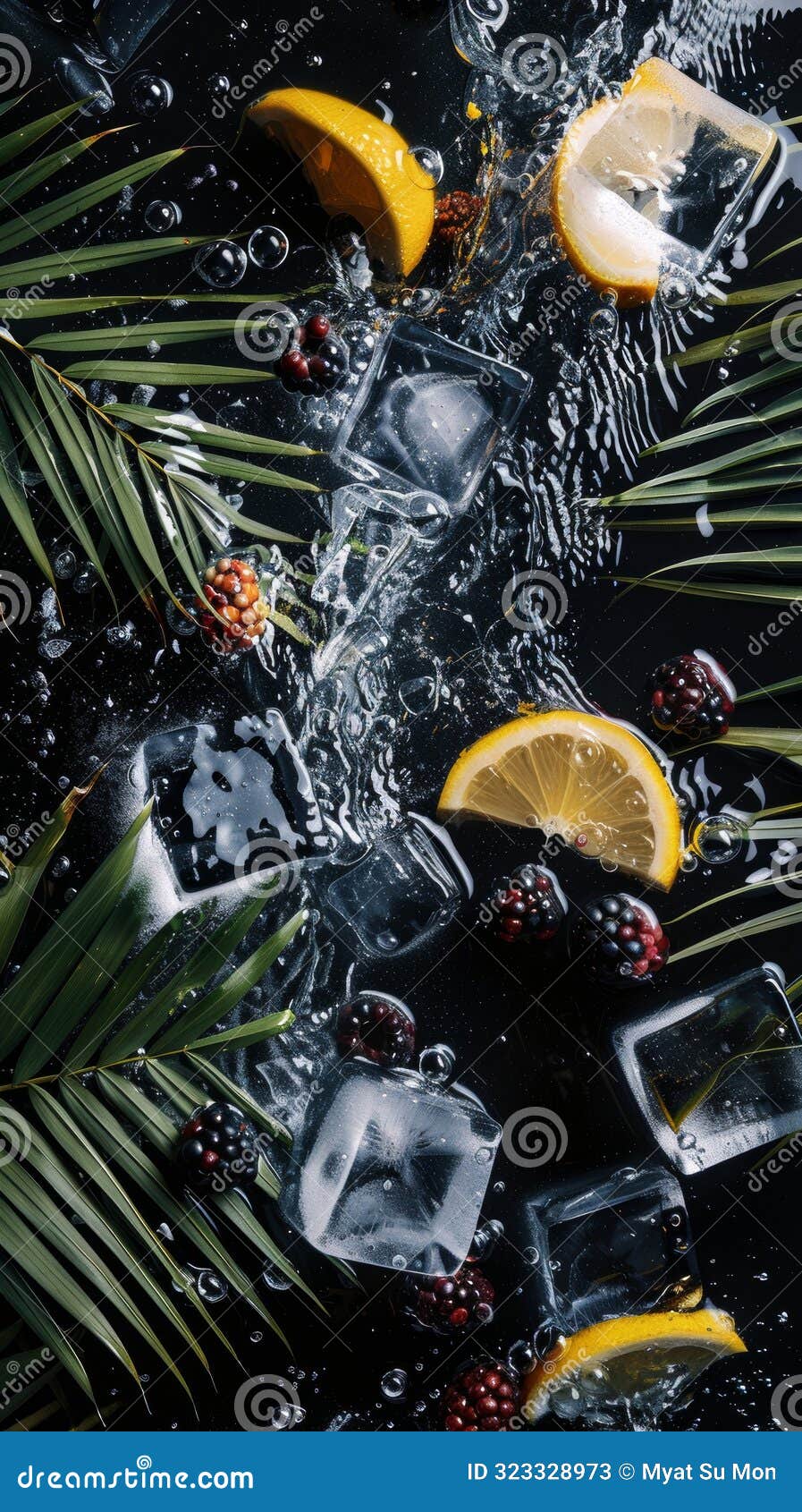 Lemon, Berries and Ice in Water Splash Stock Illustration ...