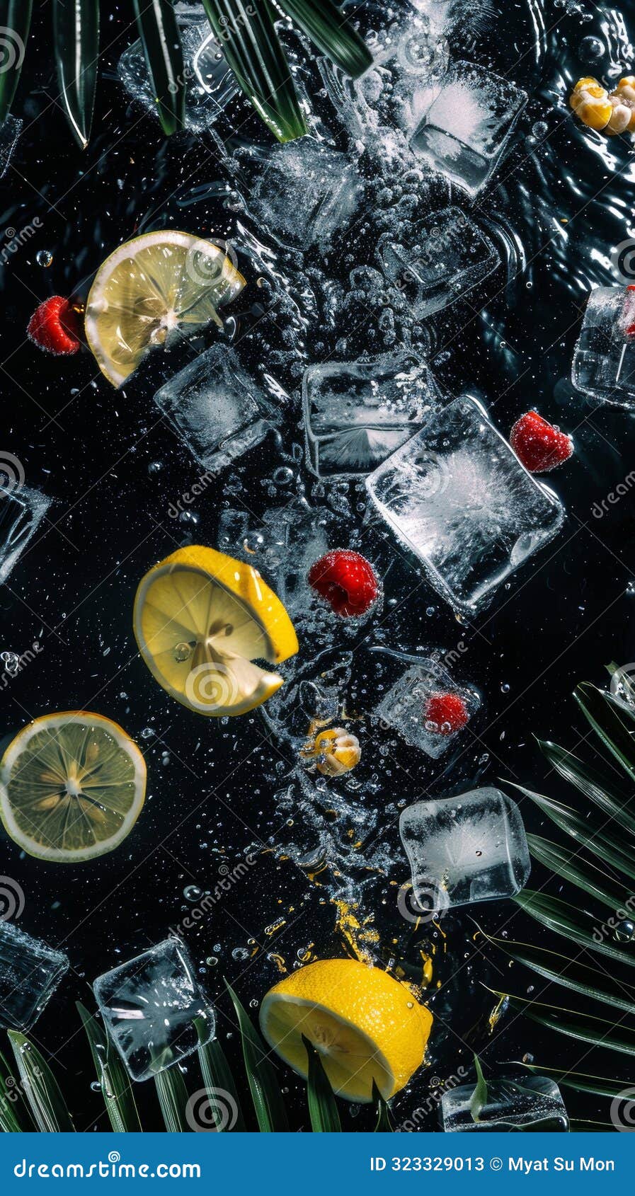 Lemon, Berries and Ice in Water Splash Stock Illustration ...