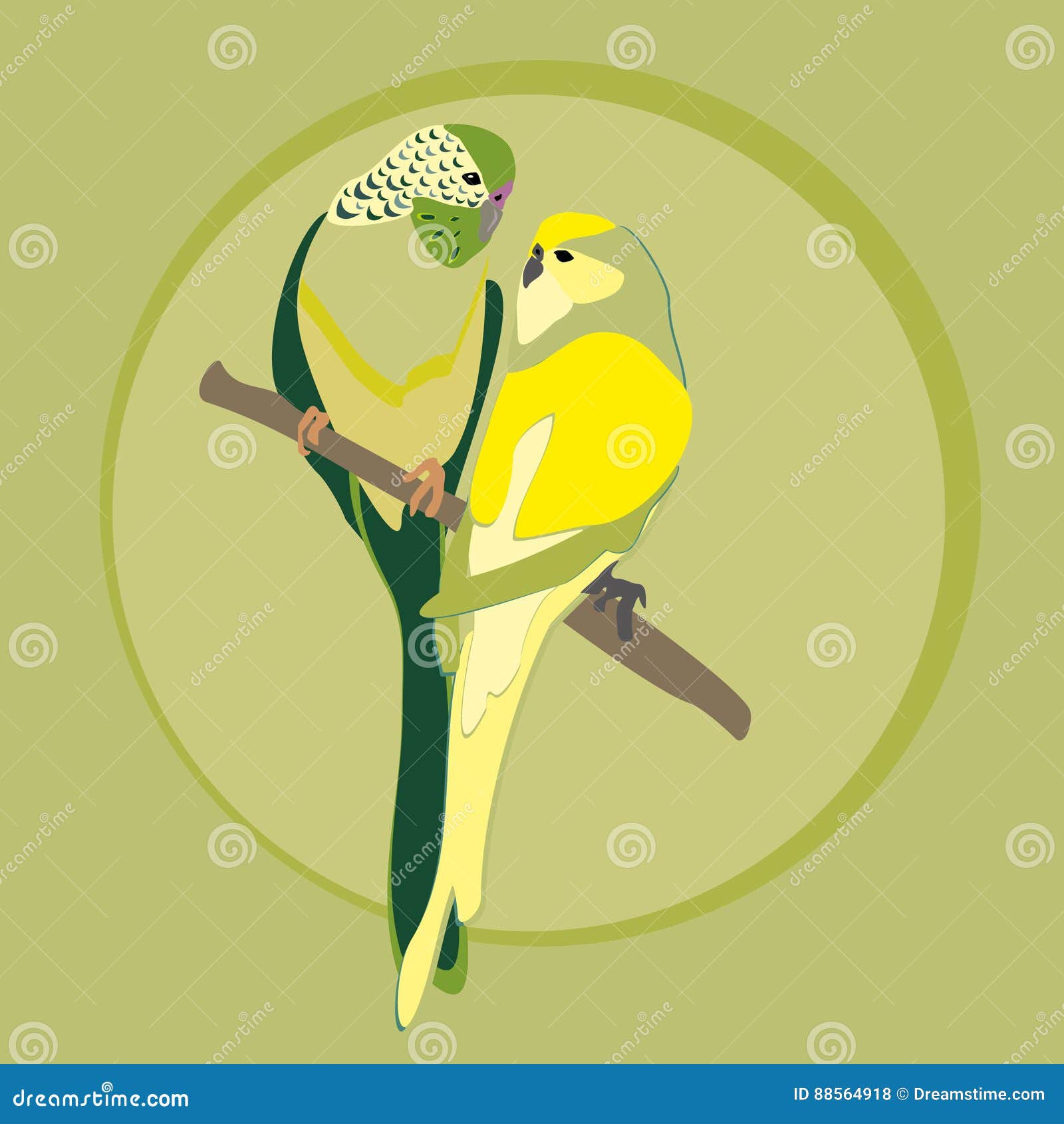 Lemon Birds on the Tree. Wavy Parrots Stock Illustration - Illustration ...