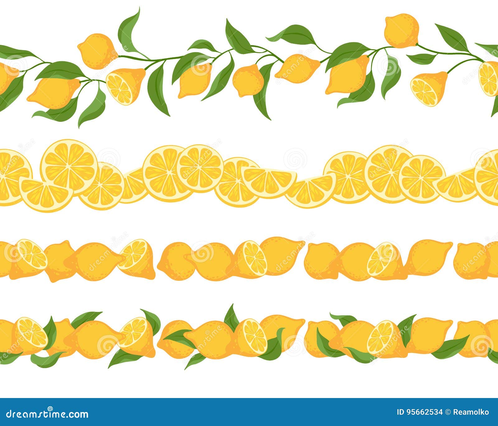 Lemon Branches and Fruits Seamless Borders. Stock Vector - Illustration ...