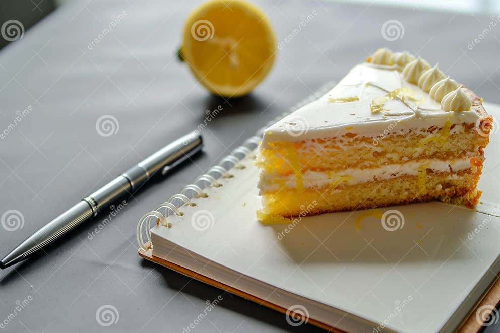 Lemon Cake Slice beside a Notepad and Pen Stock Image - Image of ...